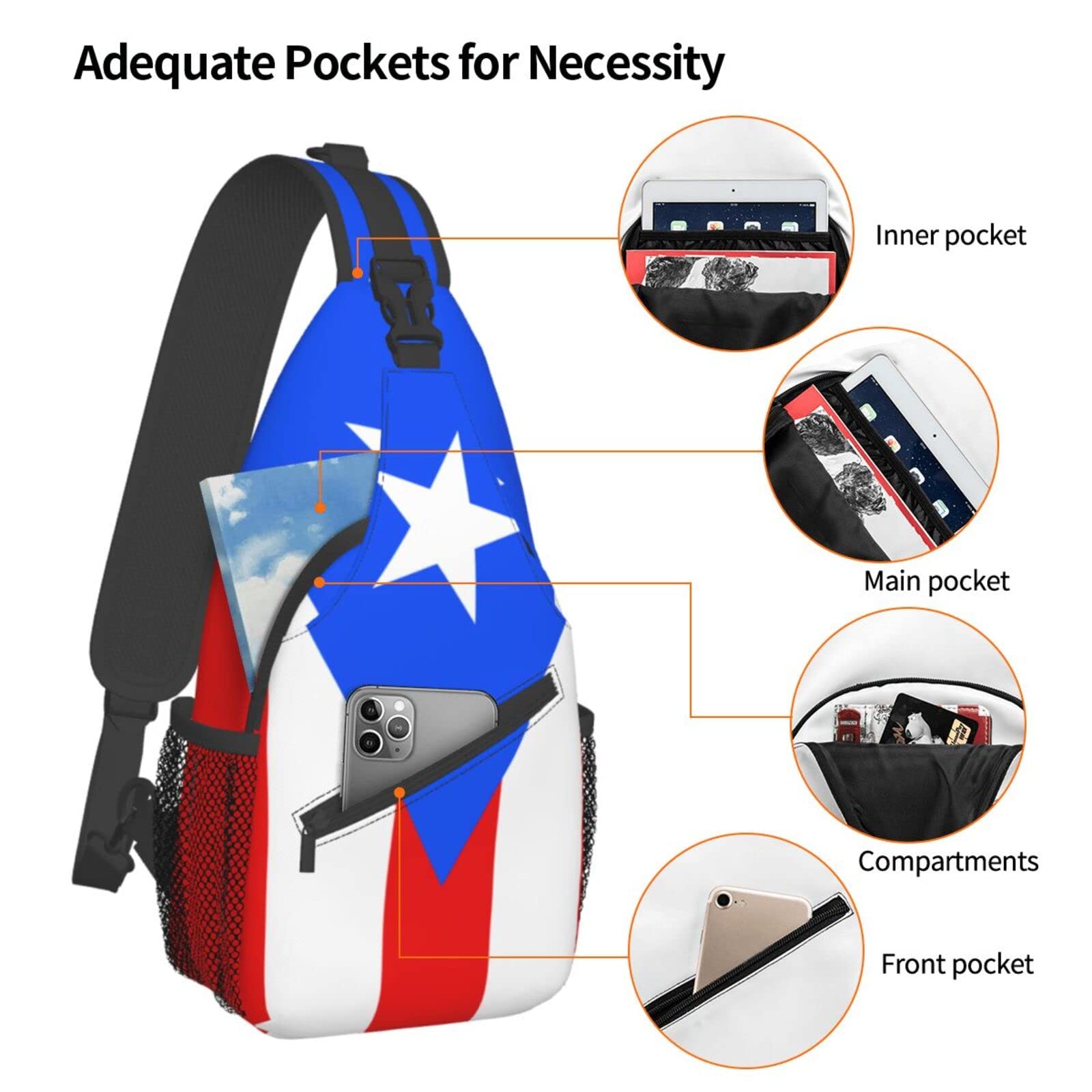 Puerto Rico Flag Sling Crossbody Backpack Bag Chest Bag For Men Women Travel Hiking Daypack