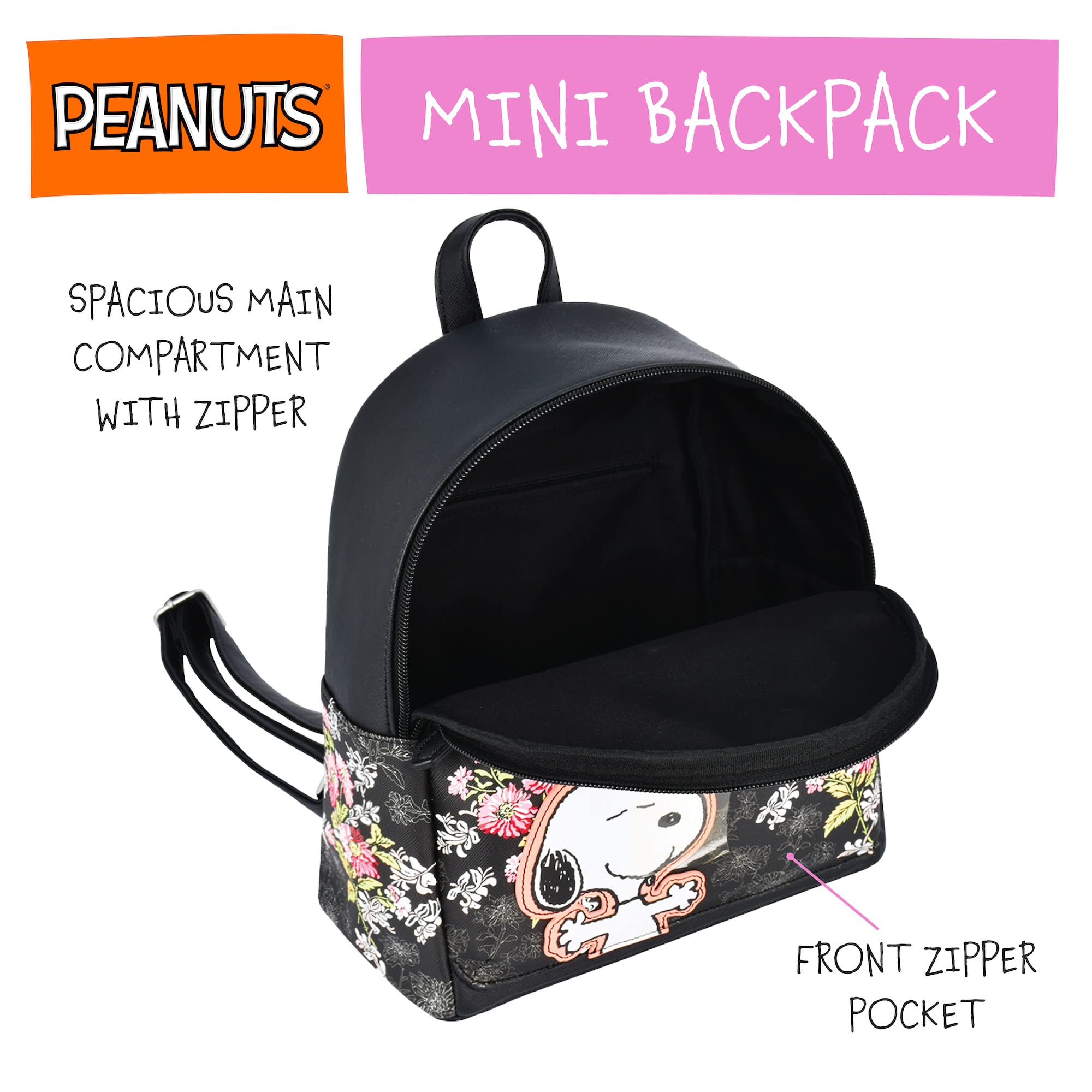 Concept One Peanuts Snoopy Mini Backpack, Small Bookbag, Black