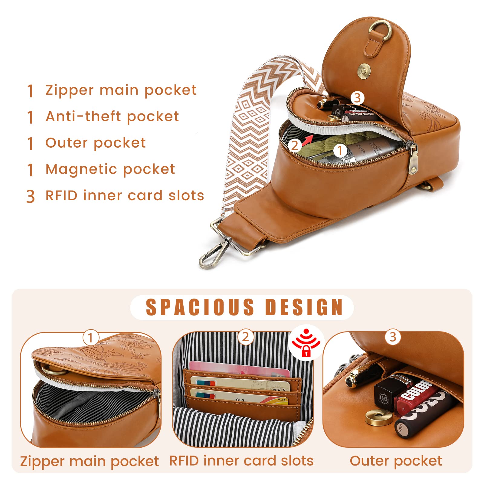 AI EN JIU Sling Bag for Women, Crossbody Fanny Pack Sling Chest Bag for Women, Leather Sling Daypack Shoulder Backpack with 2 Adjustable Straps (Brown)