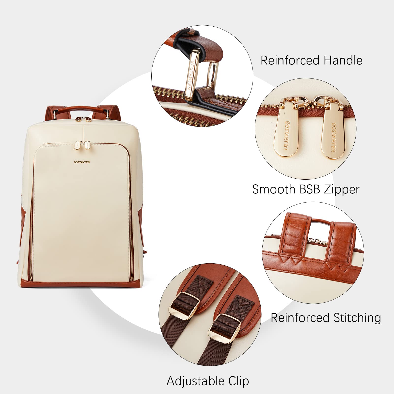 BOSTANTEN Leather Laptop Backpack, 15.6 inch Computer Bakpack Large Capacity Business Work Travel Bag for Women＆Men
