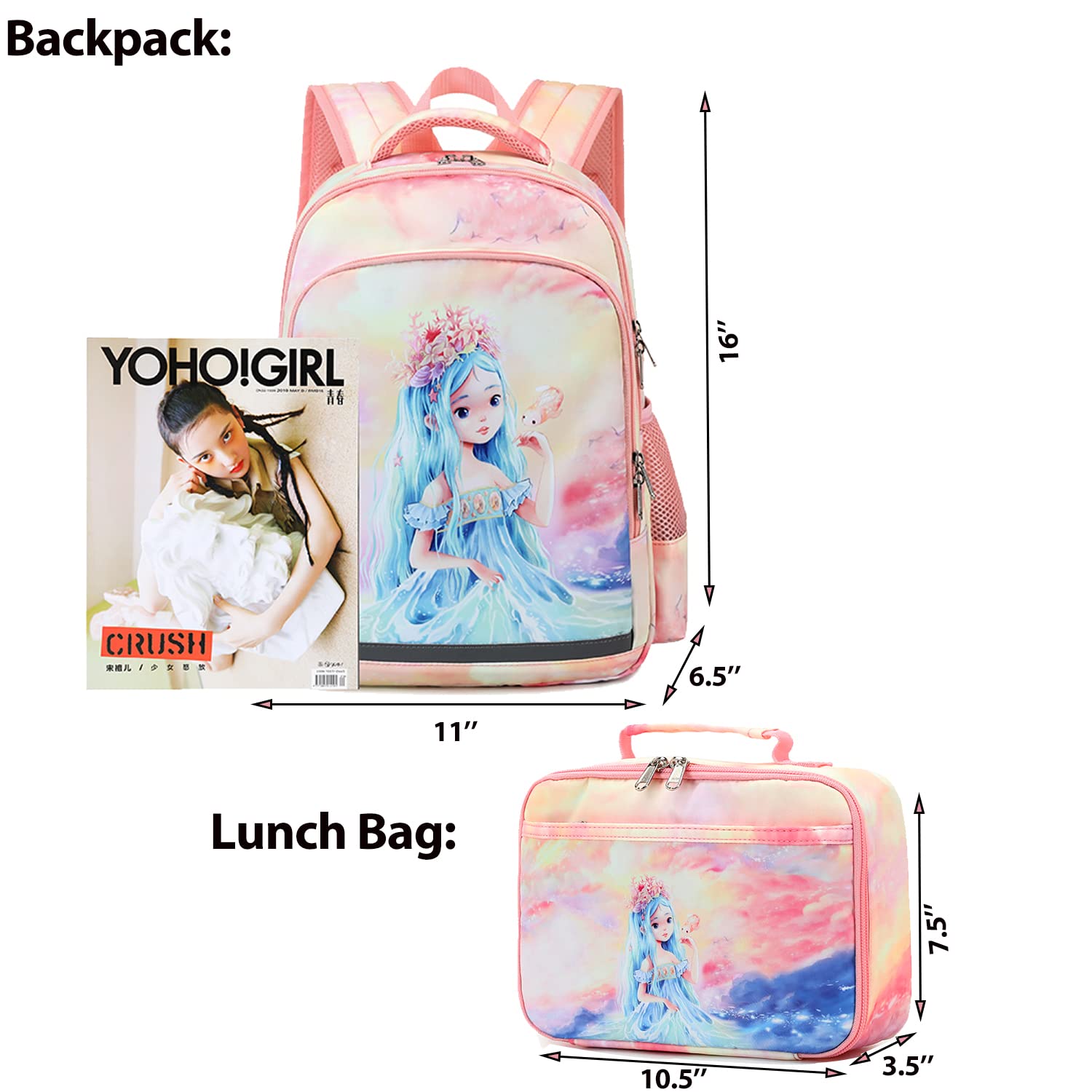 Princess Backpack For Girls,Kids School Backpack Kindergarten Book Bag Set With Lunch Box (Green-Princess)