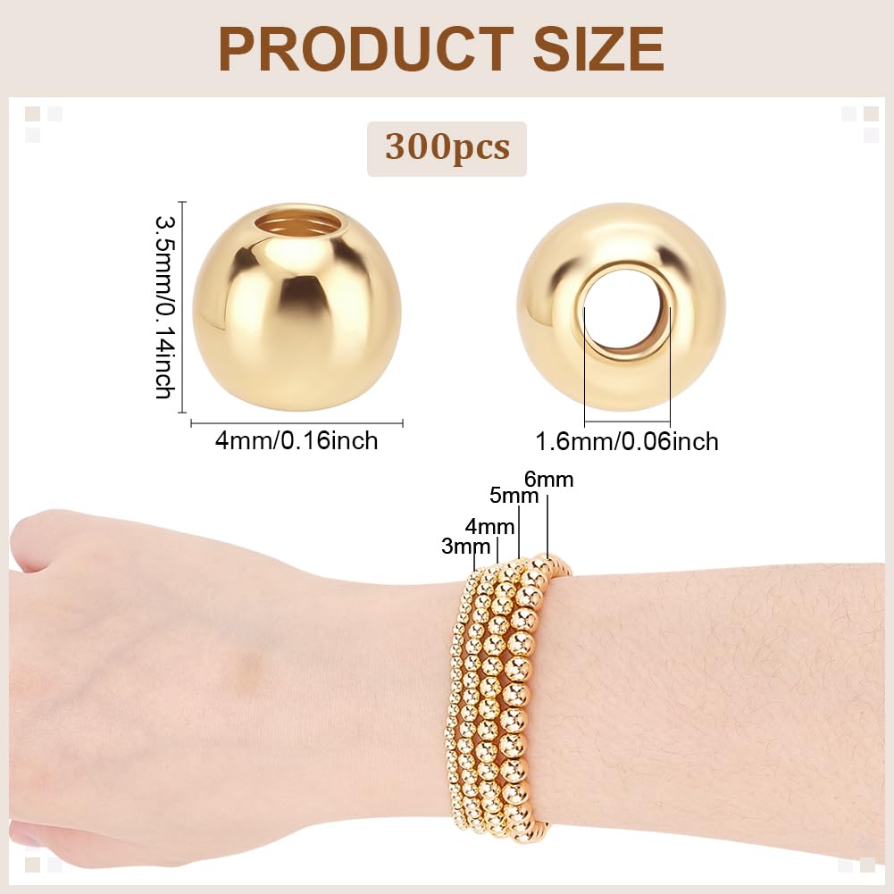PH PandaHall 300pcs 4mm 14K Gold Plated Brass Beads Long-Lasting Round Smooth Spacer Beads Seamless Loose Ball Beads Gold Metal Beads for Summer Hawaii Stackable Necklace, Bracelet, Earring Making