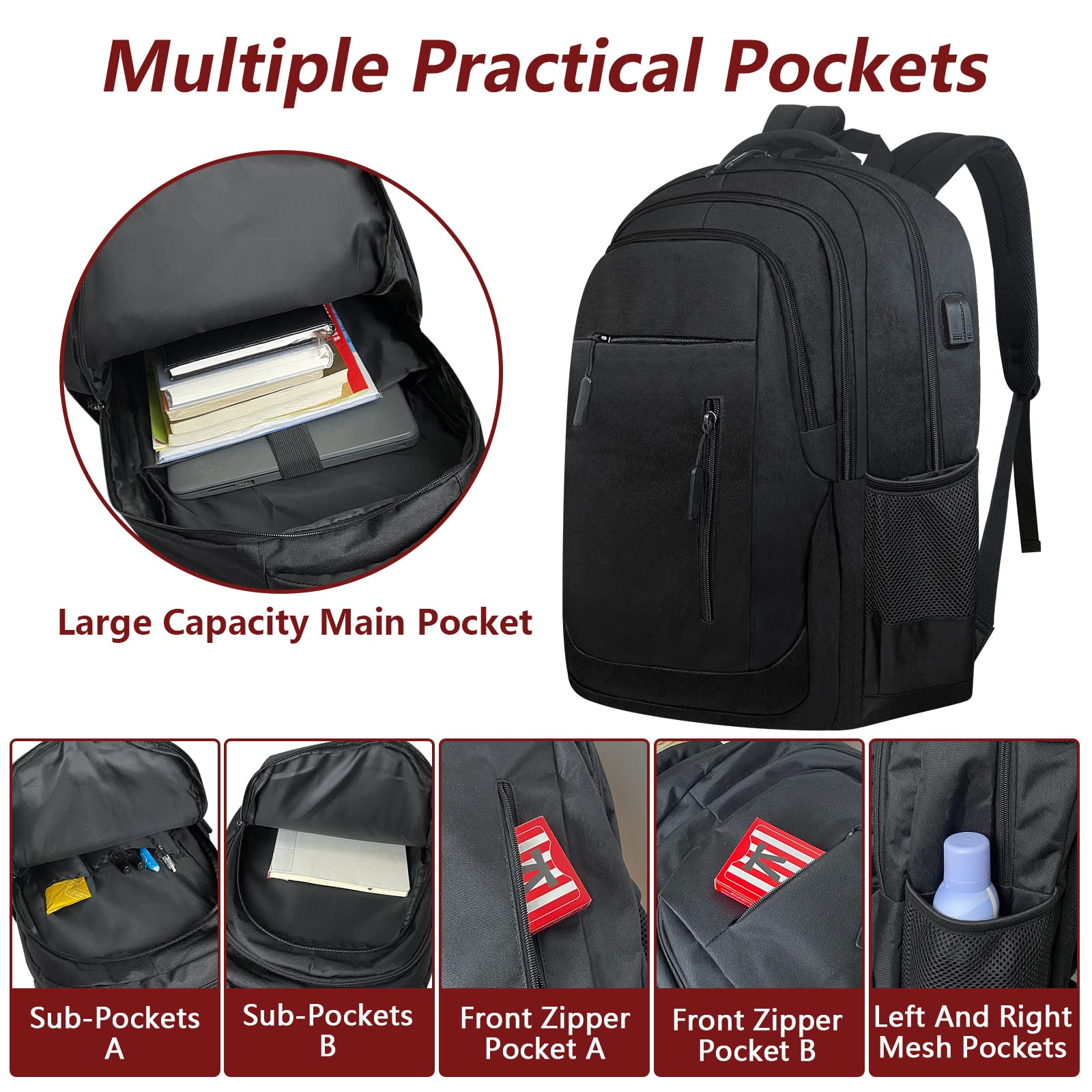 Ogetok Men Travel Backpack for 17.3" Laptop,Business Casual Computer Daypack School Student Bookbag w/ USB Charging Port,Grey