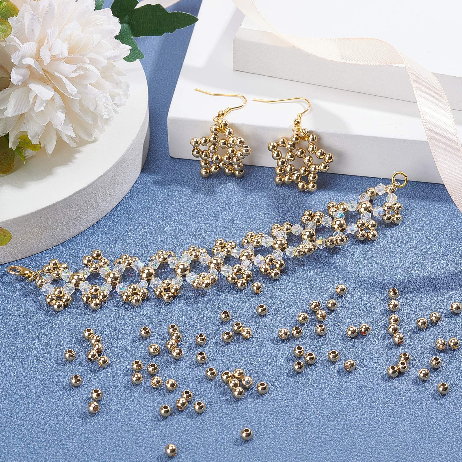 PH PandaHall 300pcs 4mm 14K Gold Plated Brass Beads Long-Lasting Round Smooth Spacer Beads Seamless Loose Ball Beads Gold Metal Beads for Summer Hawaii Stackable Necklace, Bracelet, Earring Making