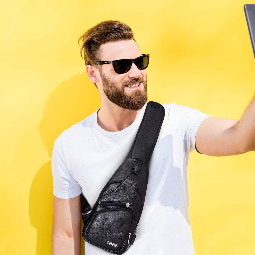 JUMO CYLY Leather Sling Bag for Men Women, Soft Sling Chest Bag, Waterproof Shoulder Chest Bag Small Lightweight Sling Backpack with USB Charging Port. (Small Black2)