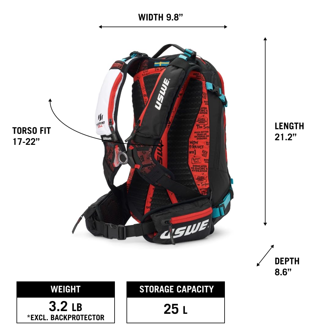 USWE Pow 25L, Ski and Snowboard Backpack with Back Protector, for Men and Women. Insulated Snow Hydration Pack with Thermo Cell Freeze Protection. Bounce Free. Black.