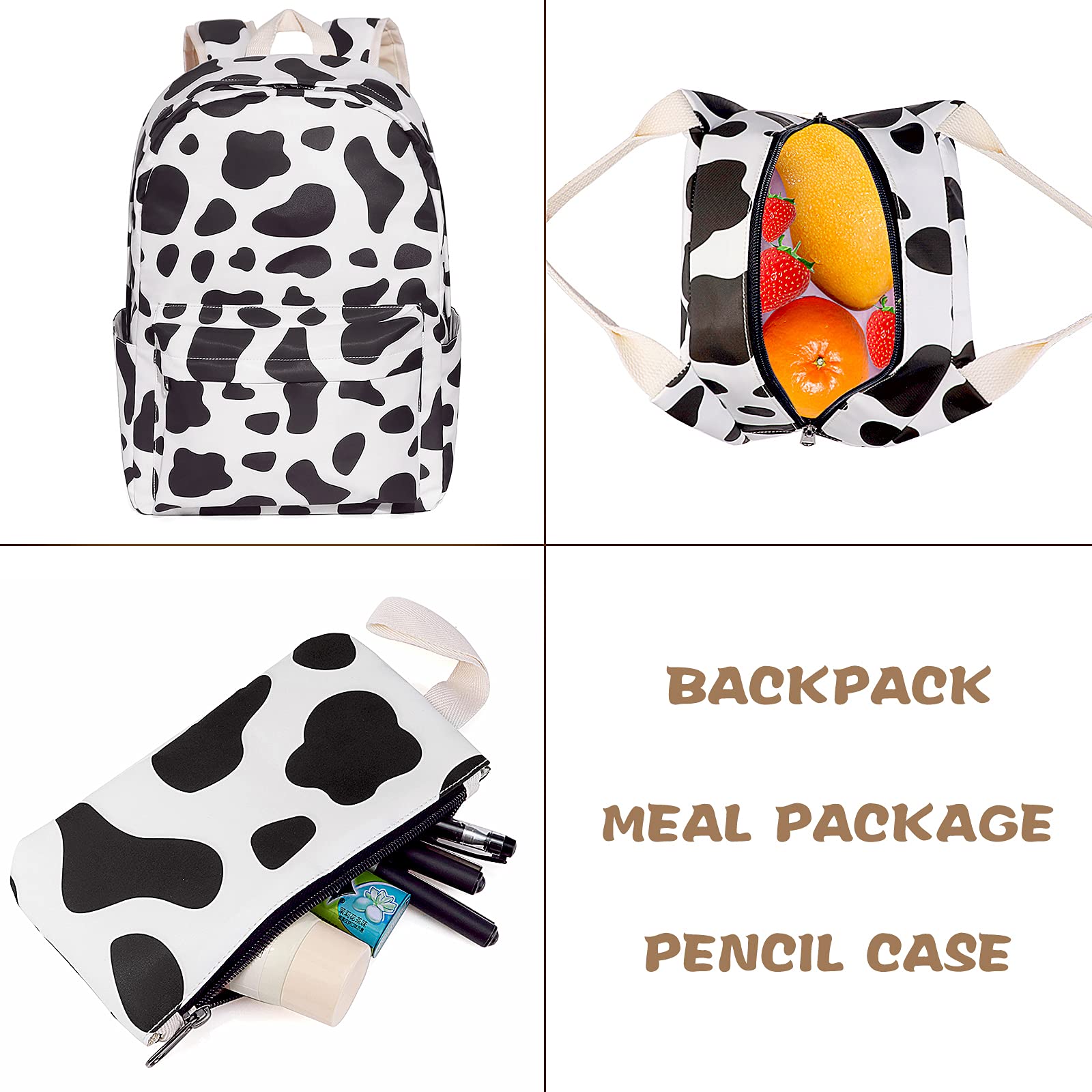 Cow Print School Bag Set, Junlion Laptop Backpack Lunch Bag Pencil Case White