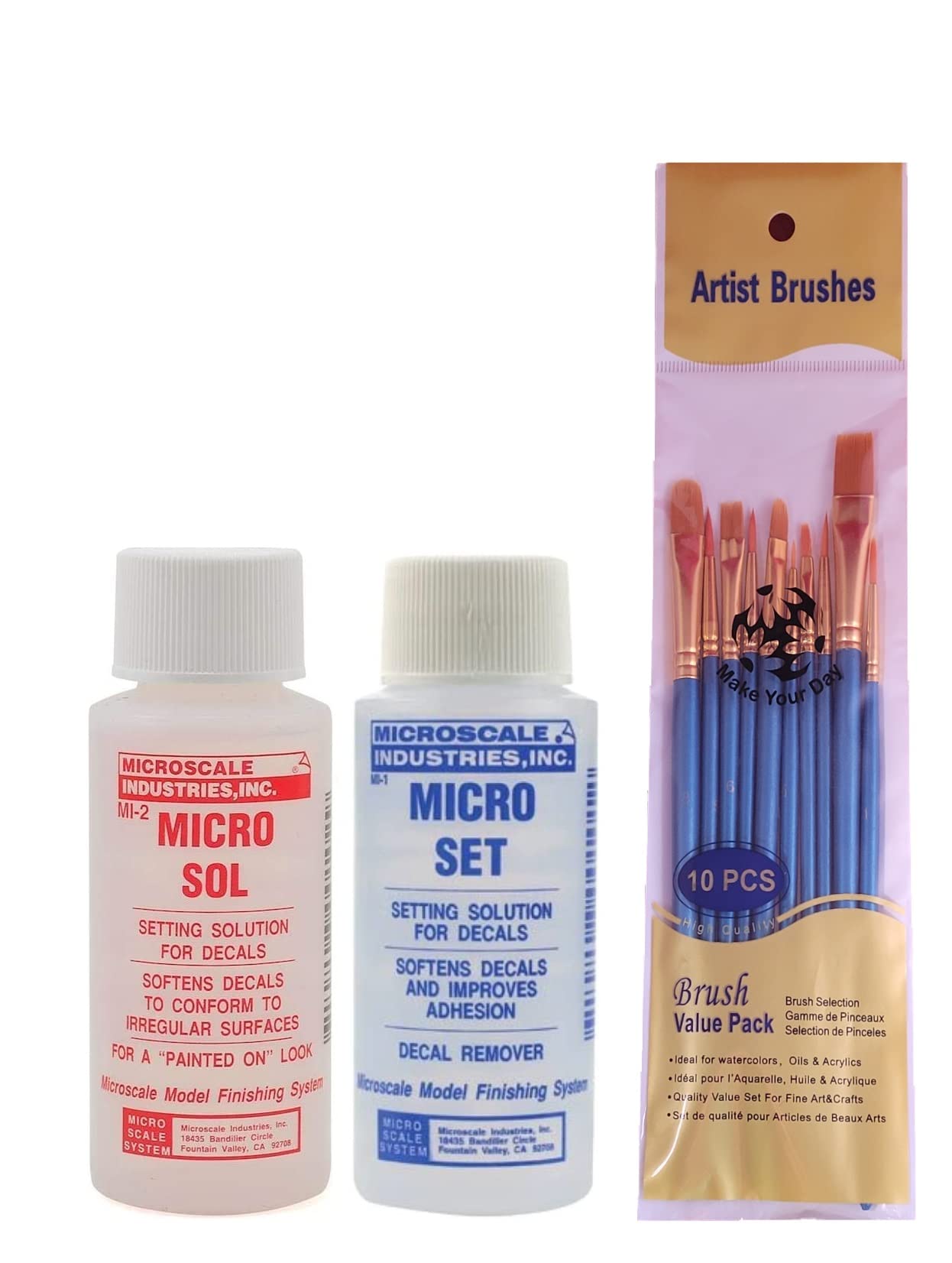 Microscale Micro Sol and Micro Set, 1 Ounce Bottles (Pack of 2) - with Make Your Day Paint Brushes