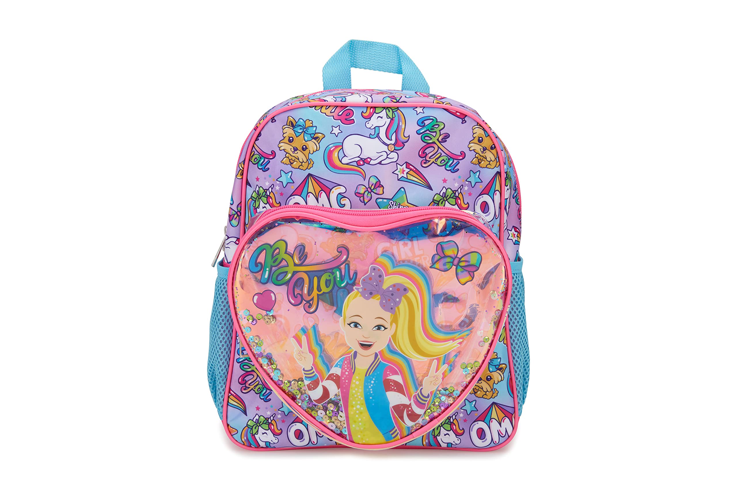 AI ACCESSORY INNOVATIONS Jojo Siwa Mini Backpack PURSE for Girls, Confetti Heart Shaped Pocket, Unicorn Print, 12β Bookbag w/Adjustable Straps
