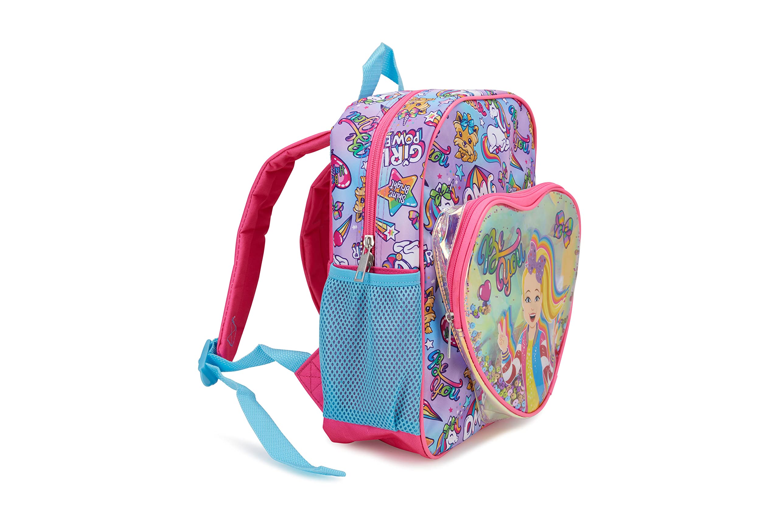 AI ACCESSORY INNOVATIONS Jojo Siwa Mini Backpack PURSE for Girls, Confetti Heart Shaped Pocket, Unicorn Print, 12β Bookbag w/Adjustable Straps