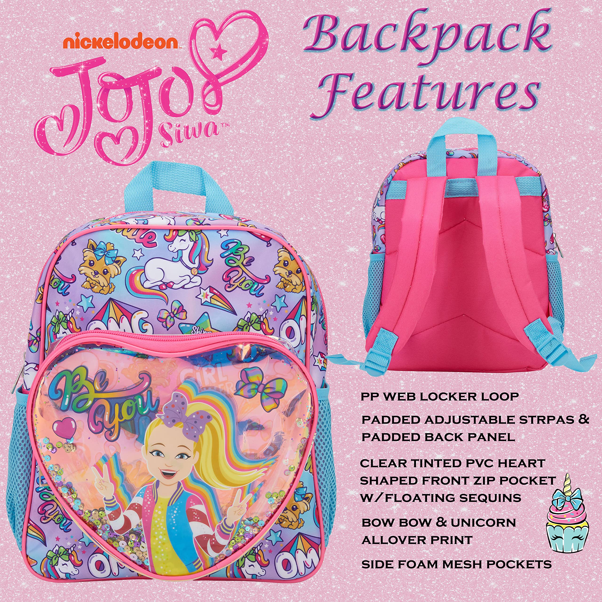 AI ACCESSORY INNOVATIONS Jojo Siwa Mini Backpack PURSE for Girls, Confetti Heart Shaped Pocket, Unicorn Print, 12β Bookbag w/Adjustable Straps