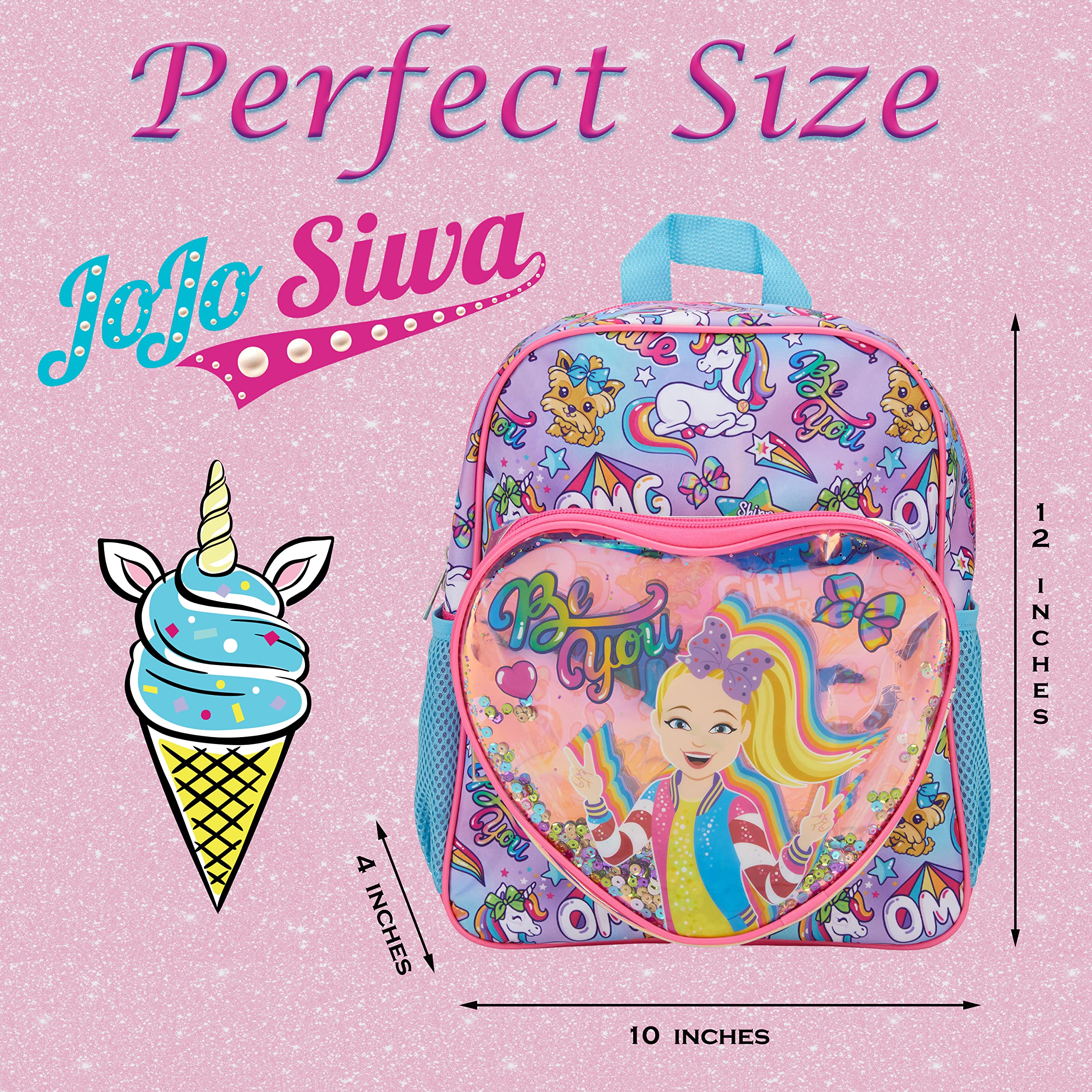 AI ACCESSORY INNOVATIONS Jojo Siwa Mini Backpack PURSE for Girls, Confetti Heart Shaped Pocket, Unicorn Print, 12β Bookbag w/Adjustable Straps