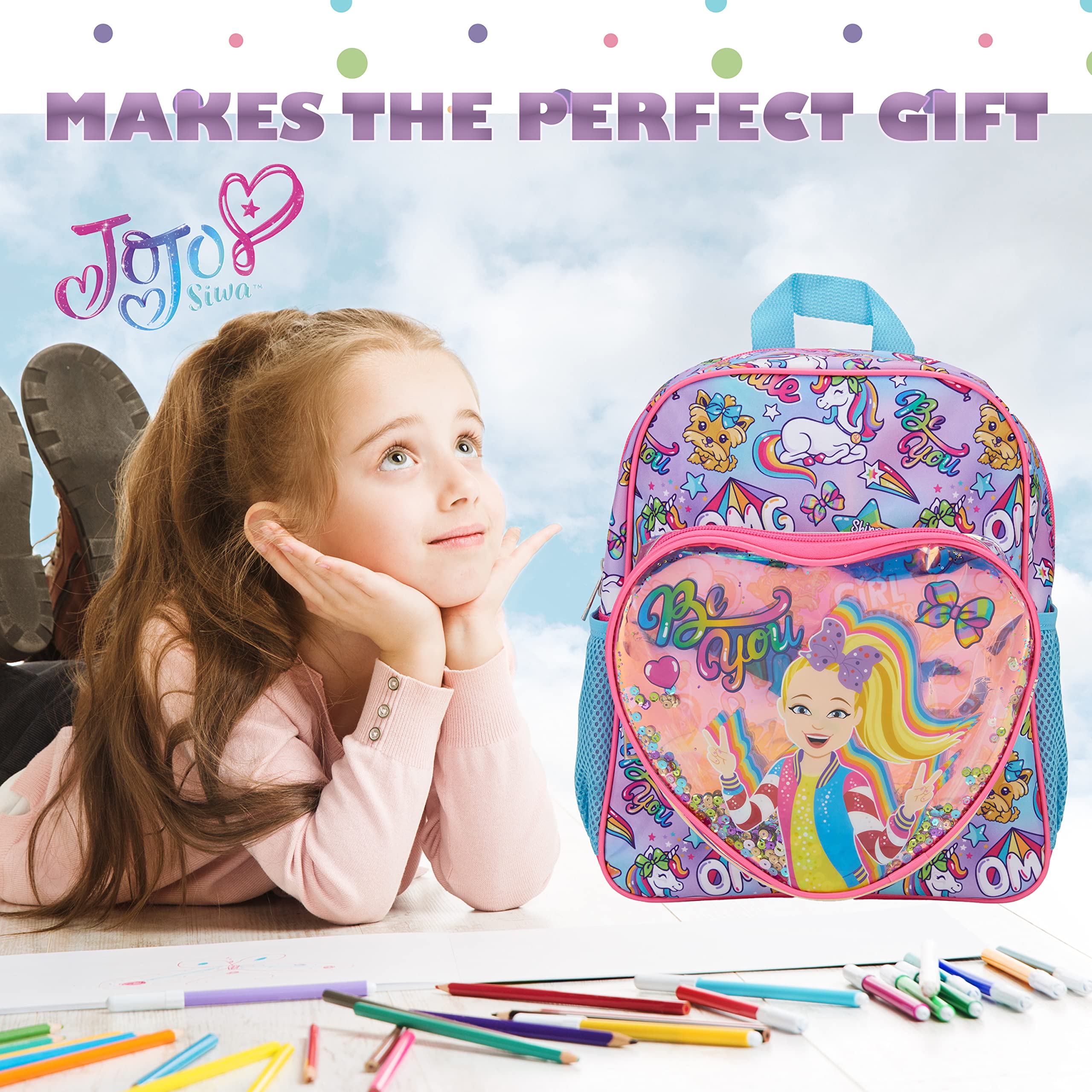 AI ACCESSORY INNOVATIONS Jojo Siwa Mini Backpack PURSE for Girls, Confetti Heart Shaped Pocket, Unicorn Print, 12β Bookbag w/Adjustable Straps