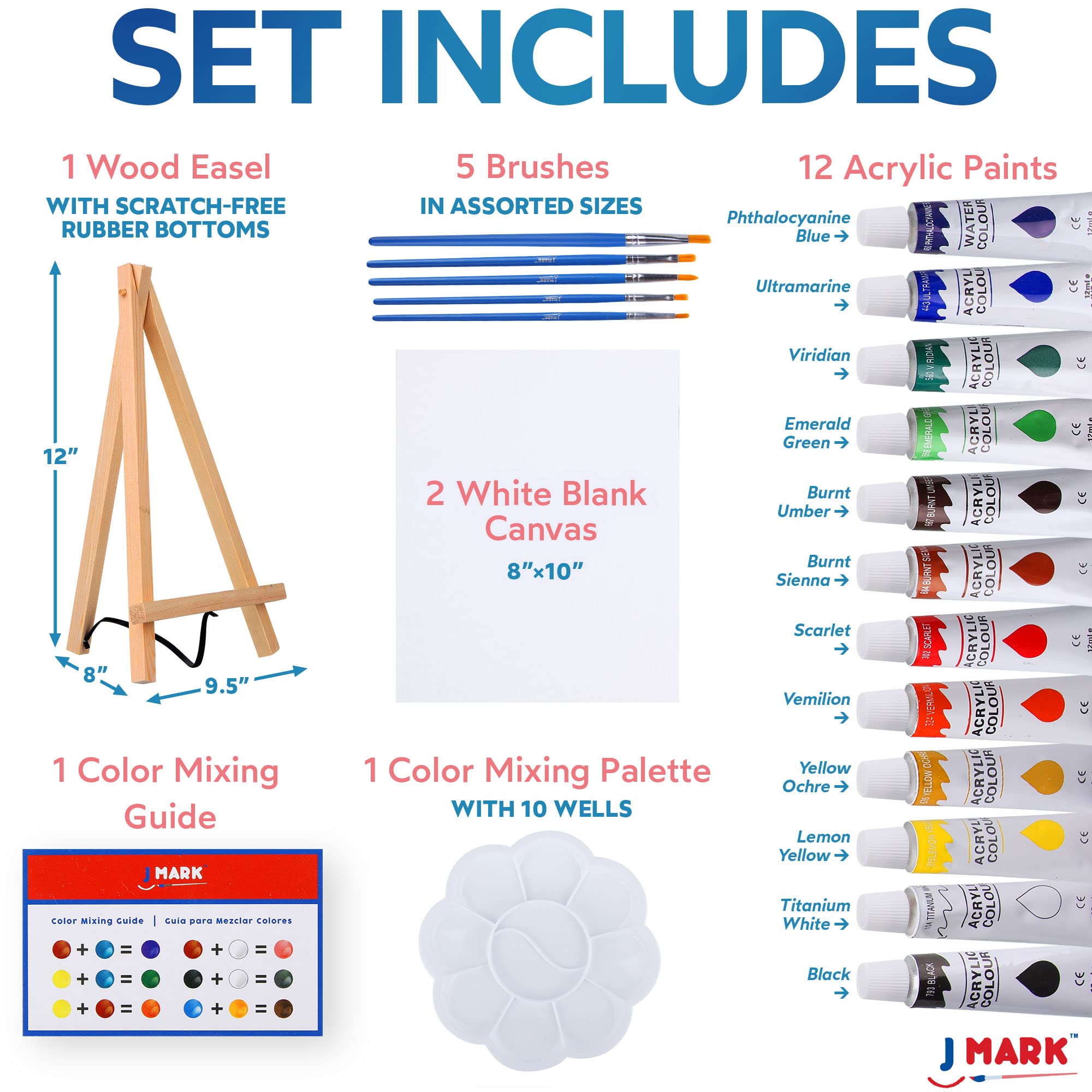 J MARK Paint Kit, 22 Piece Set Acrylic Canvas Painting Kit with Wood Easel, 8x10 inch Canvases, 12 Non Toxic Washable Paints, 5 Brushes, Palette and Color Mixing Guide