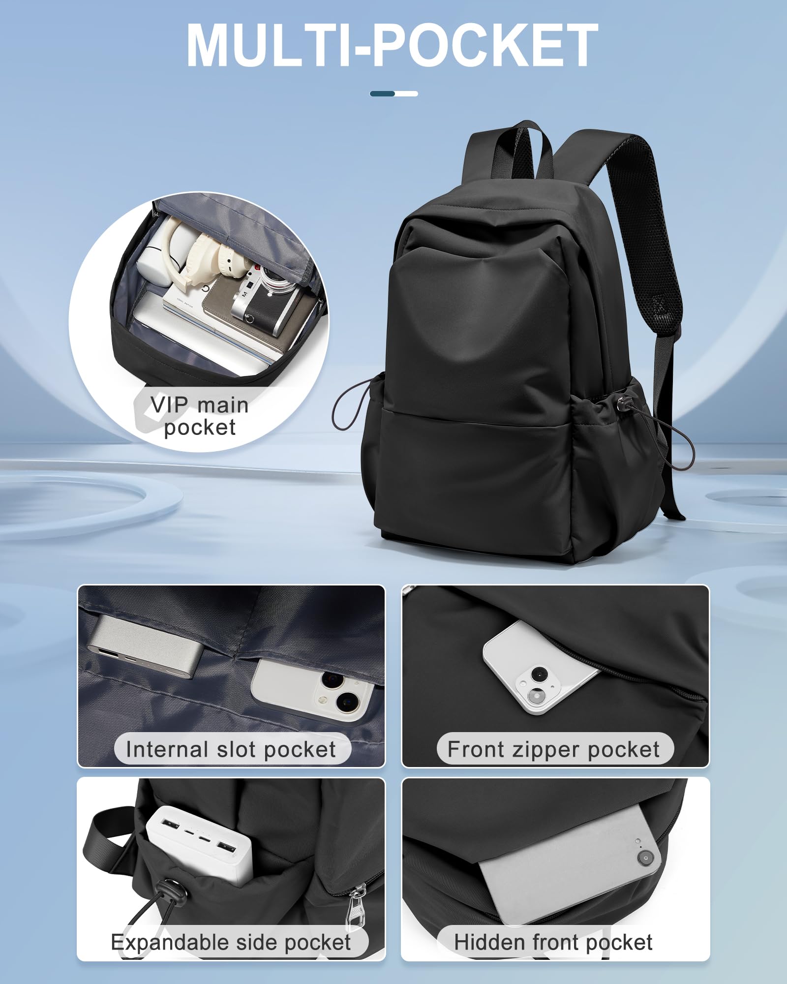 UPPACK Black Backpack For Women School Aesthetic Bookbag For Men Lightweight Gym Backpack High School Middle School Bag For Girls Boys Casual Daypack Laptop Backpack College
