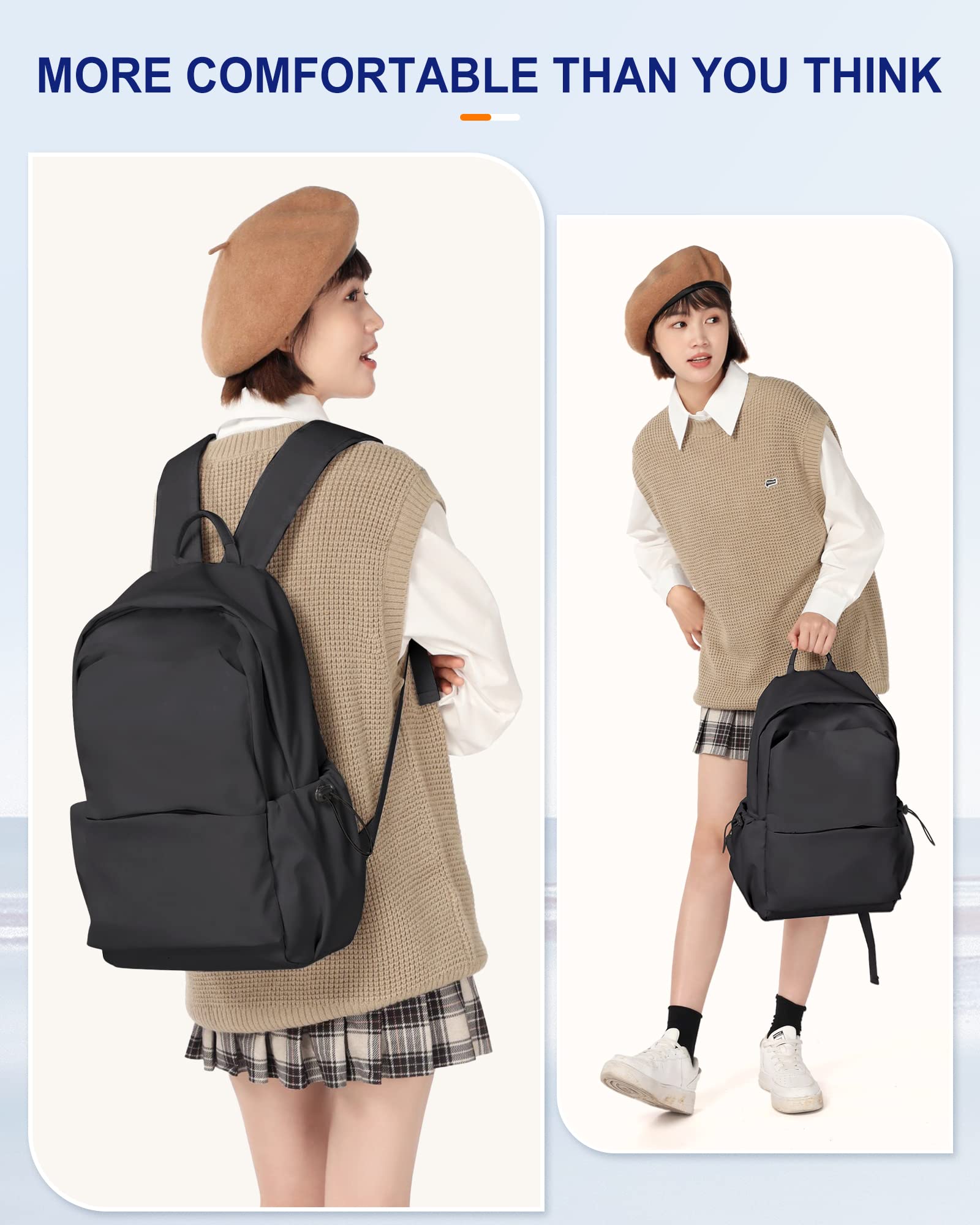 UPPACK Black Backpack For Women School Aesthetic Bookbag For Men Lightweight Gym Backpack High School Middle School Bag For Girls Boys Casual Daypack Laptop Backpack College