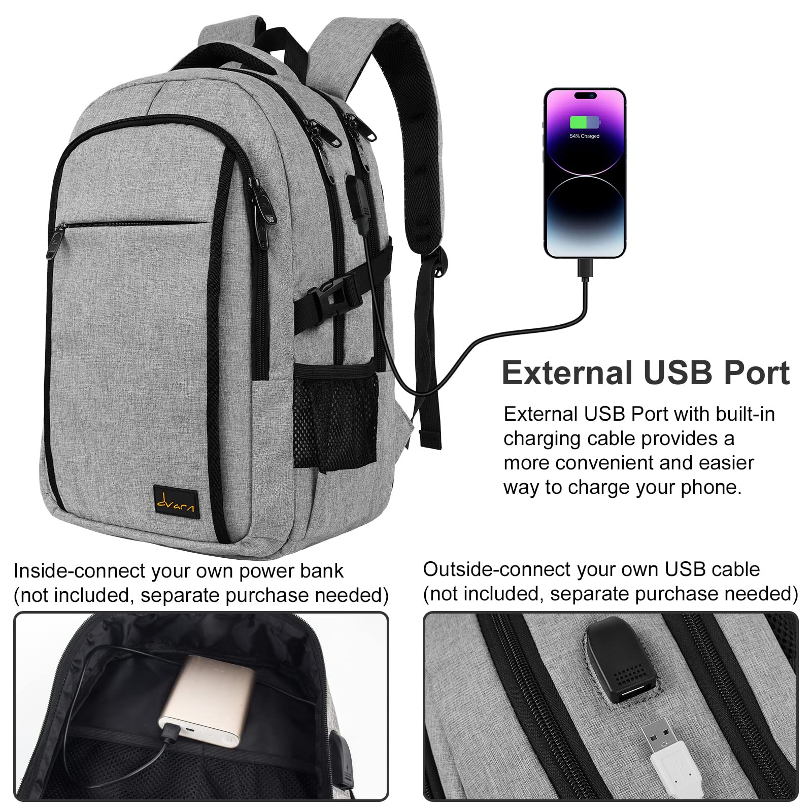 dvarn Laptop Backpack for Men and Women,Waterproof Travel Laptop Backpack with USB Charging Port,Anti Theft College School Backpack (Grey)