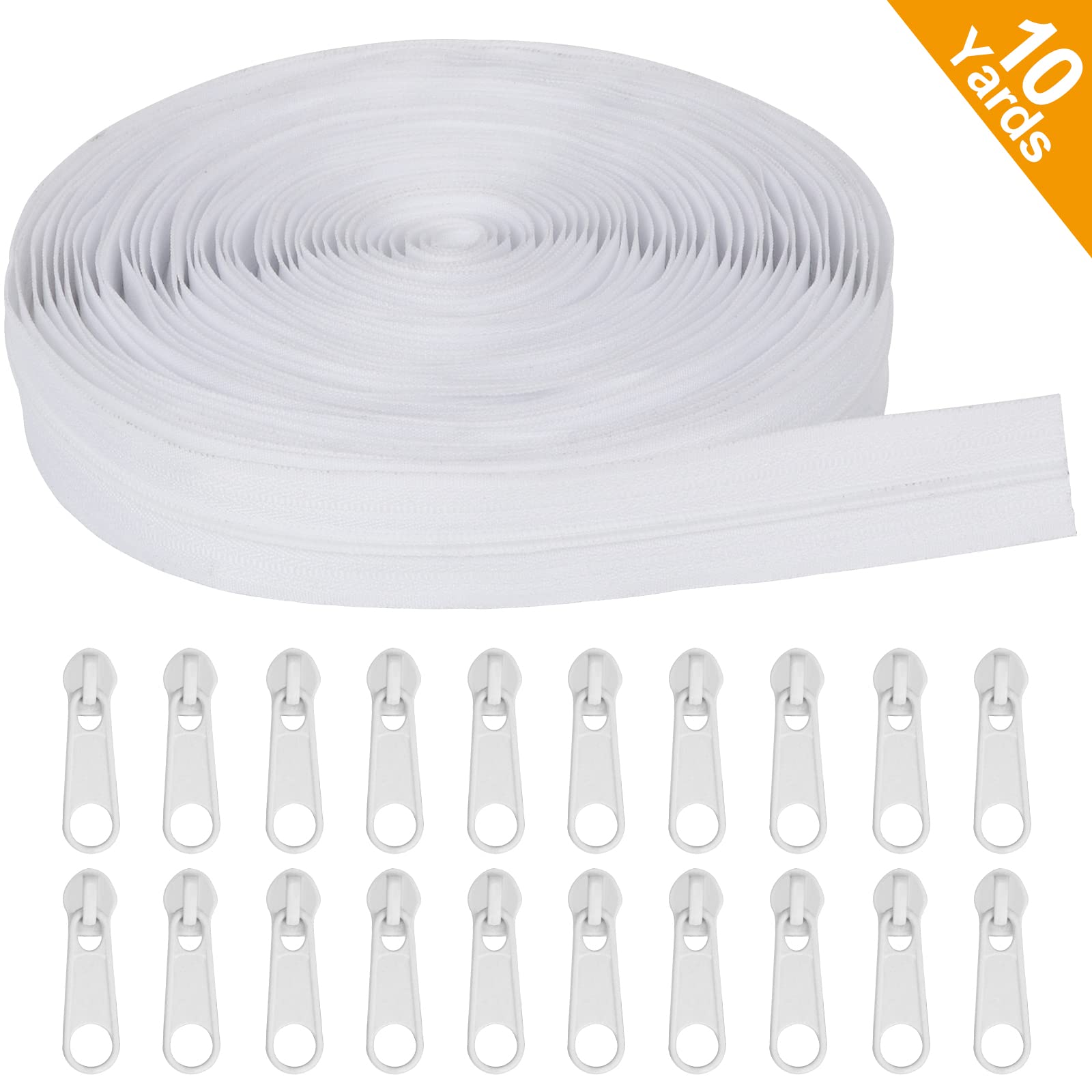 10Yards Bulk Zipper, #3 Zippers for Sewing, White Nylon Coil Zipper by The Yards, Replacement Sewing Zipper with 20PCS Zipper Sliders for DIY Sewing Craft Bags by MiniRed (#3 White)
