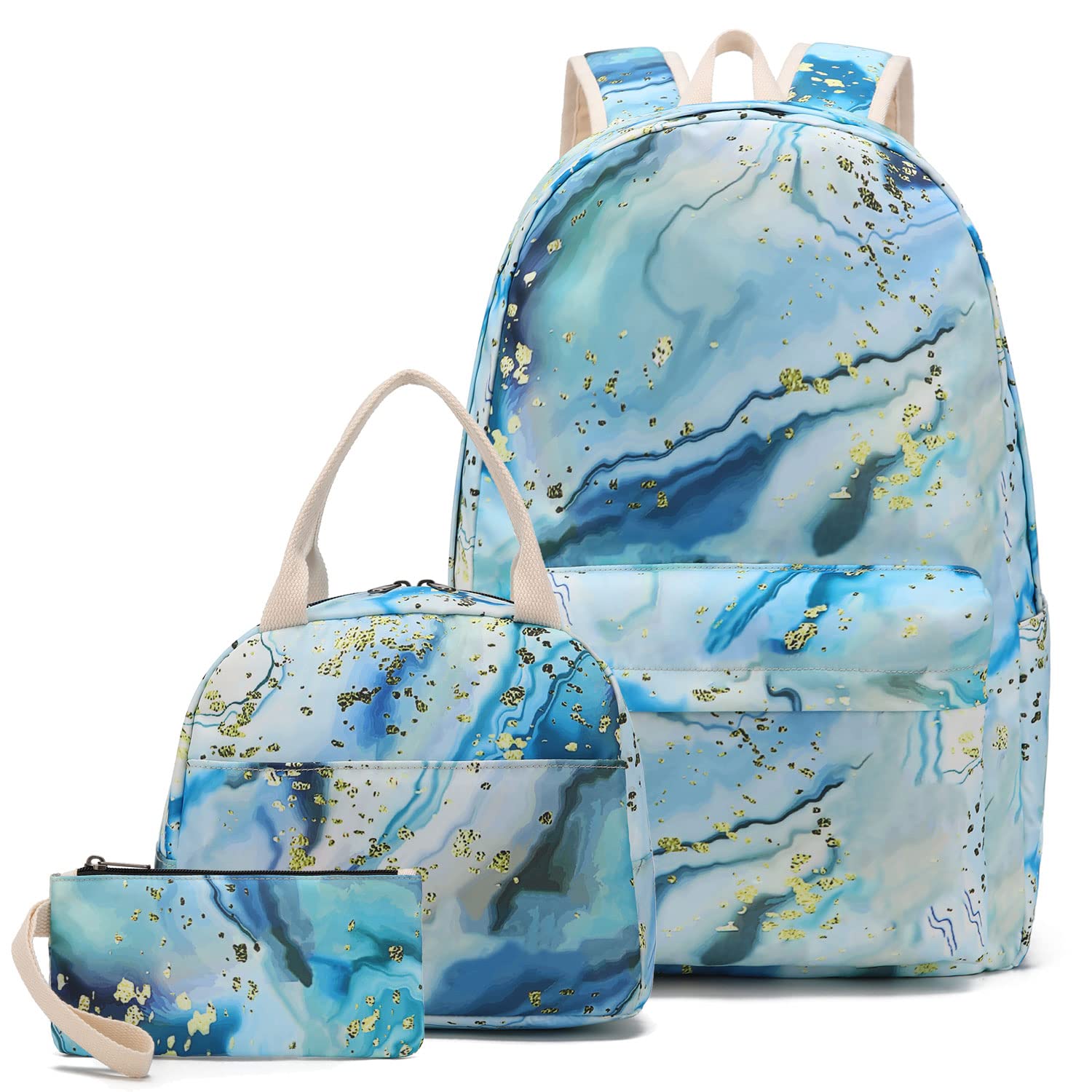 Pawsky Waterproof School Backpack Set Fits 14" Laptop Backpack Daypack College School Bookbag with Lunch Box and Pencil Case (Marble-Blue)