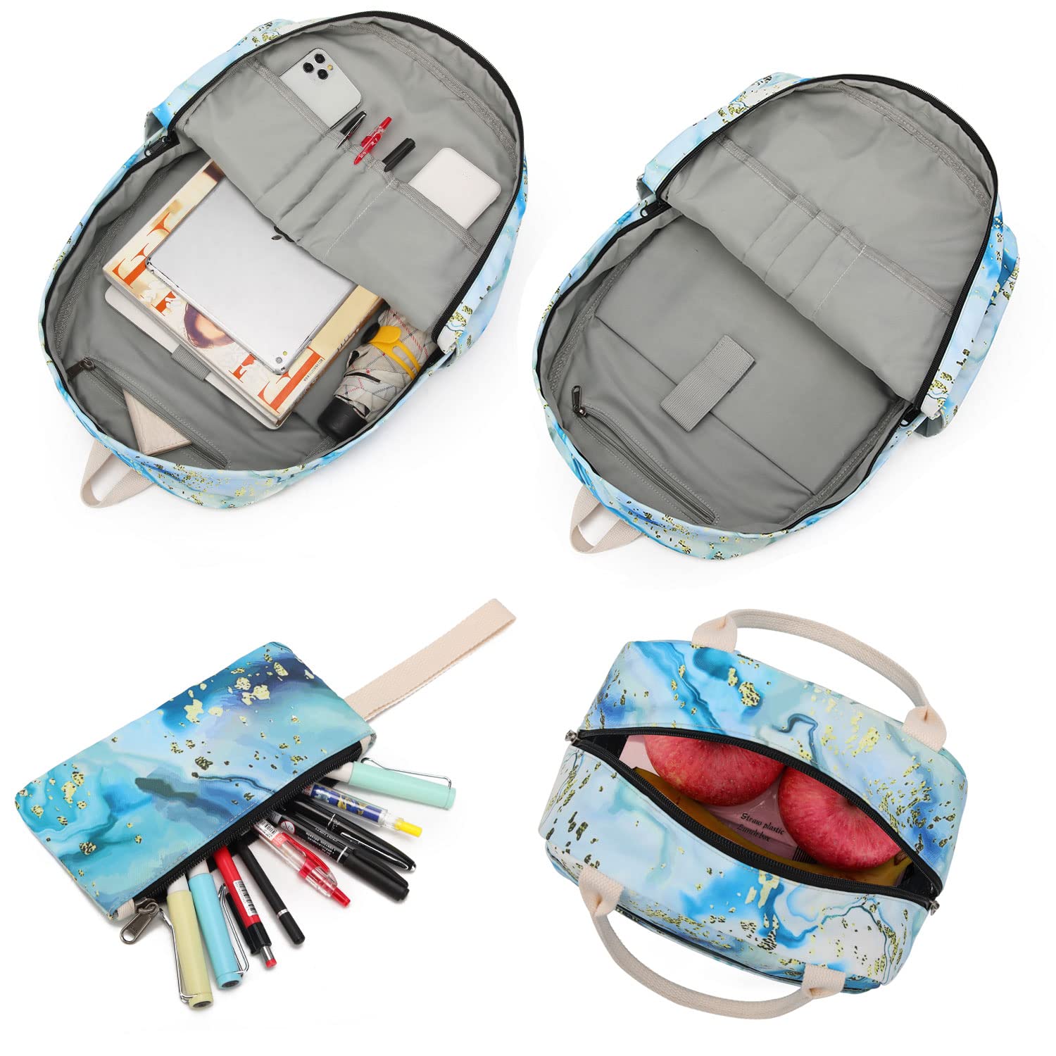 Pawsky Waterproof School Backpack Set Fits 14" Laptop Backpack Daypack College School Bookbag with Lunch Box and Pencil Case (Marble-Blue)