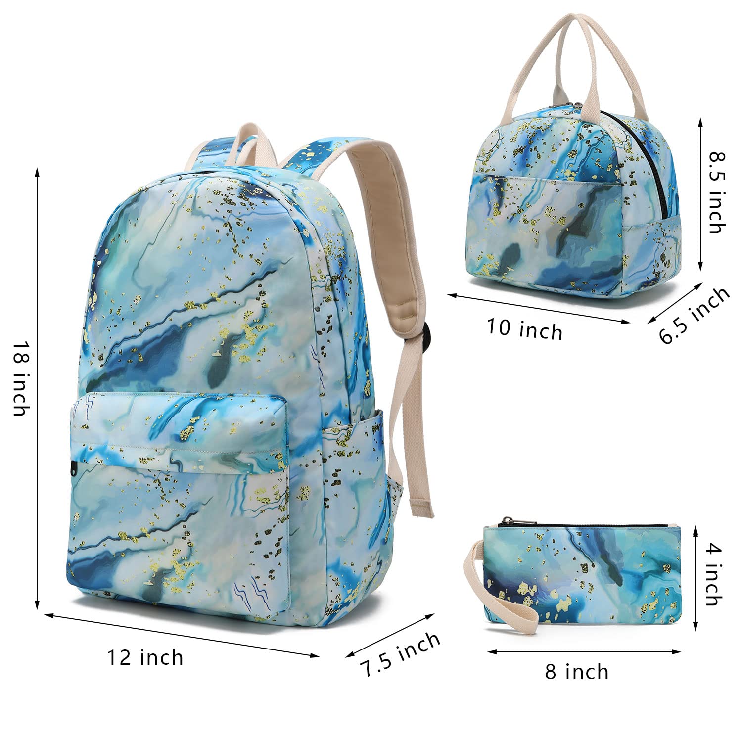 Pawsky Waterproof School Backpack Set Fits 14" Laptop Backpack Daypack College School Bookbag with Lunch Box and Pencil Case (Marble-Blue)