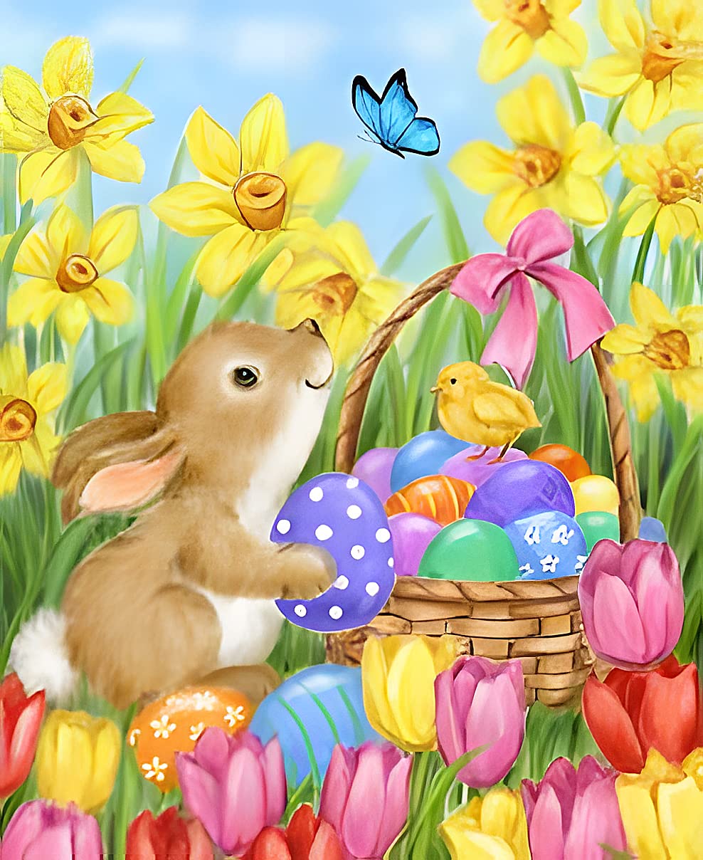 NAIMOER Easter Bunny Diamond Painting Kits for Adults,Easter Rabbit with Flowers Diamond Painting Kits, DIY 5D Full Drill Diamond Painting Easter Eggs Diamond Art Kits Craft for Home Decor 30x40cm