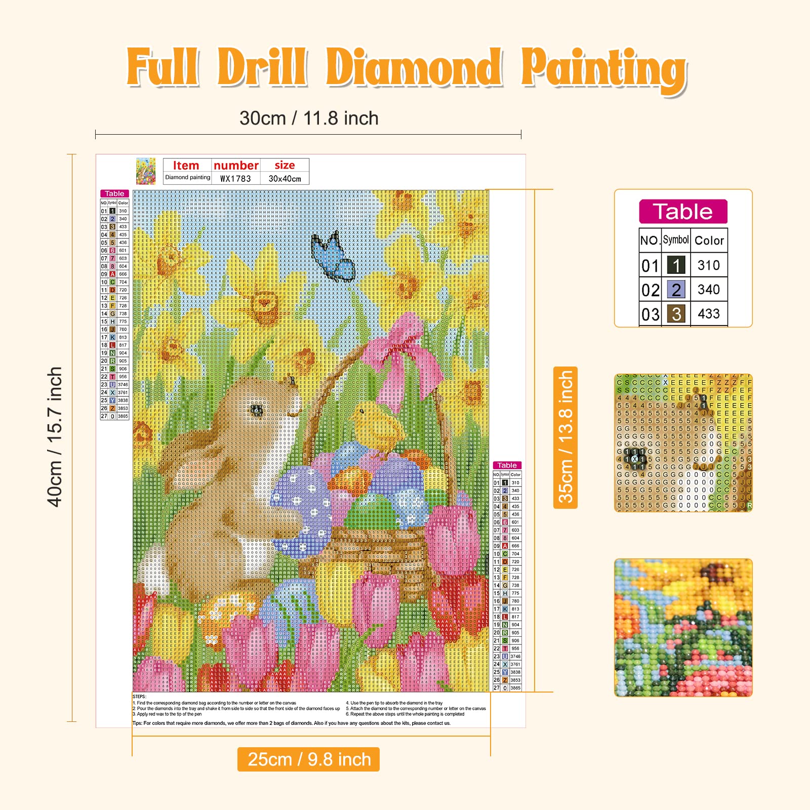 NAIMOER Easter Bunny Diamond Painting Kits for Adults,Easter Rabbit with Flowers Diamond Painting Kits, DIY 5D Full Drill Diamond Painting Easter Eggs Diamond Art Kits Craft for Home Decor 30x40cm