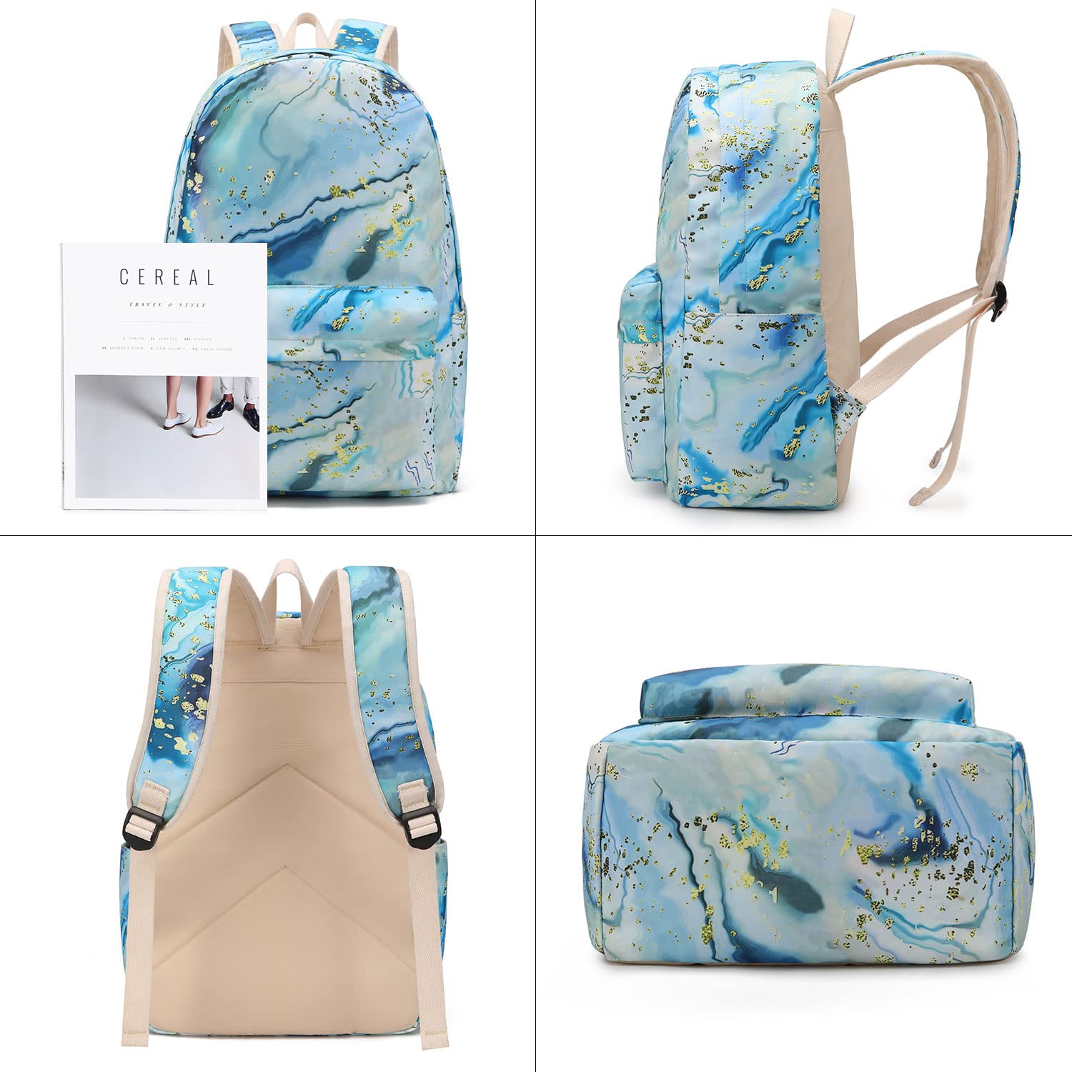 Pawsky Waterproof School Backpack Set Fits 14" Laptop Backpack Daypack College School Bookbag with Lunch Box and Pencil Case (Marble-Blue)