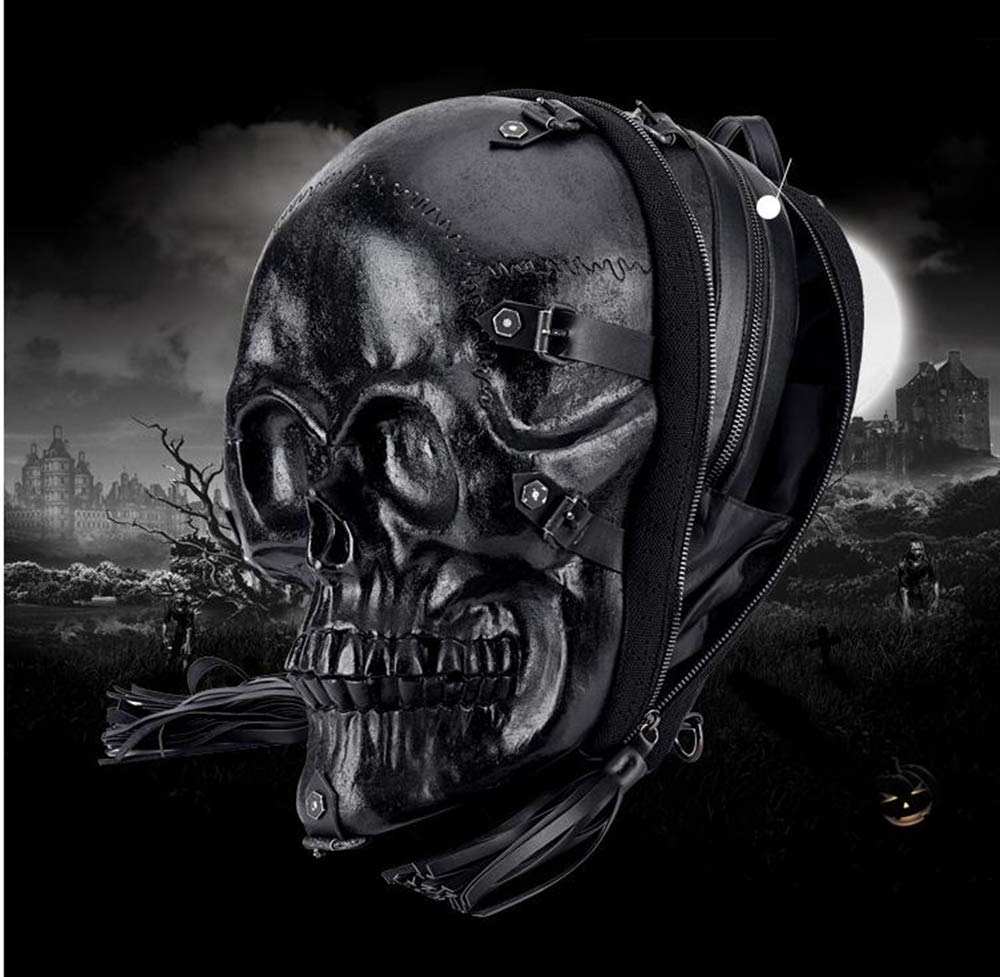 HANXIUCAO 3D Stereo Skull Backpack PU Backpack Waterproof Silicone Embossed Ghost Head Knapsack, Black, Medium