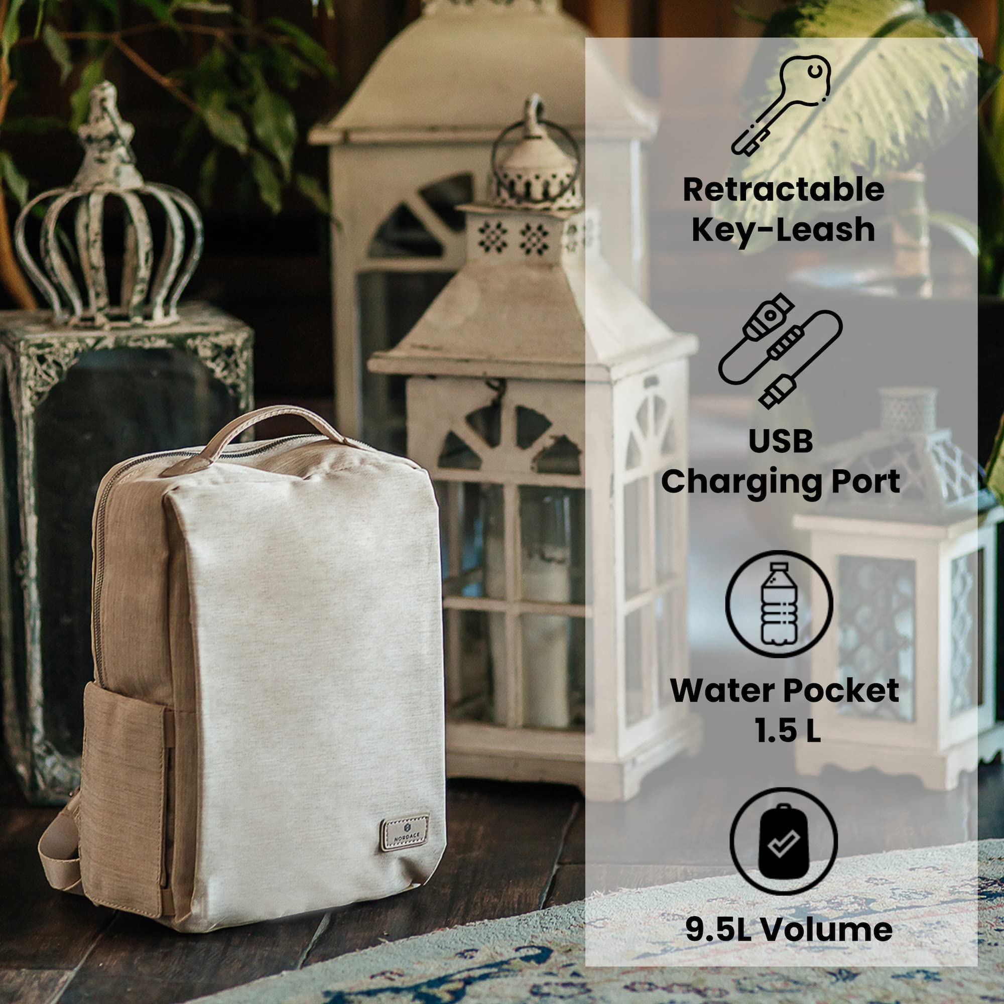 Nordace Siena II Mini Smart Travel Backpack for Women with USB Charging Port, Water Resistant - Durable Laptop Bookbag for Everyday, College, Work, School (Beige)
