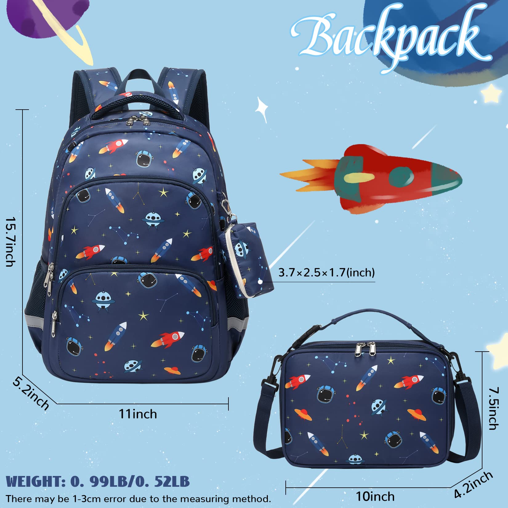 MIRLEWAIY Boys Backpack Purse Set Kids Space Rocket Printed School Bag 15.7 inch Multipocket Bookbag With Insulated Lunch Box And Coin Pouch, Dark Blue Rocket