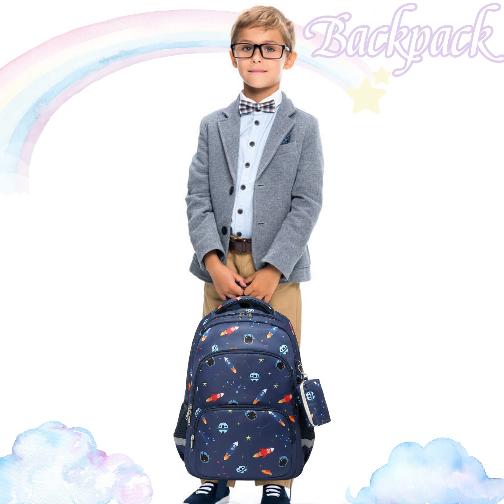 MIRLEWAIY Boys Backpack Purse Set Kids Space Rocket Printed School Bag 15.7 inch Multipocket Bookbag With Insulated Lunch Box And Coin Pouch, Dark Blue Rocket