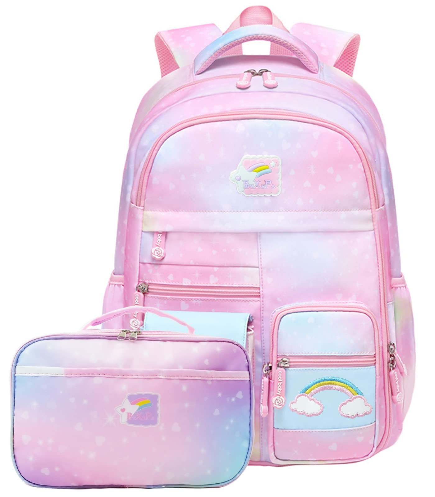 Backpacks for Girls School Cute Kids Backpack Bookbags with Insulated Lunch Box Set for School Elementary girl, Tie Dye School Bag with Laptop Compartments 16*11.5*7.5, Galaxy Pink