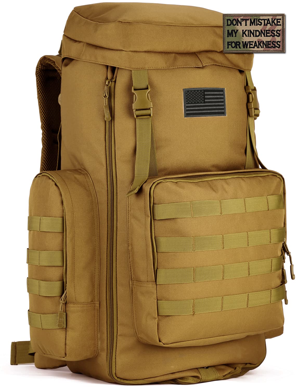 SunForMorning Large Tactical Hiking Daypack 70-85L Military MOLLE Assault Backpack Army Traveling Camping Pack Bug Out Bag Outdoor Rucksack (Rain Cover & 2 Patch Included), Brown