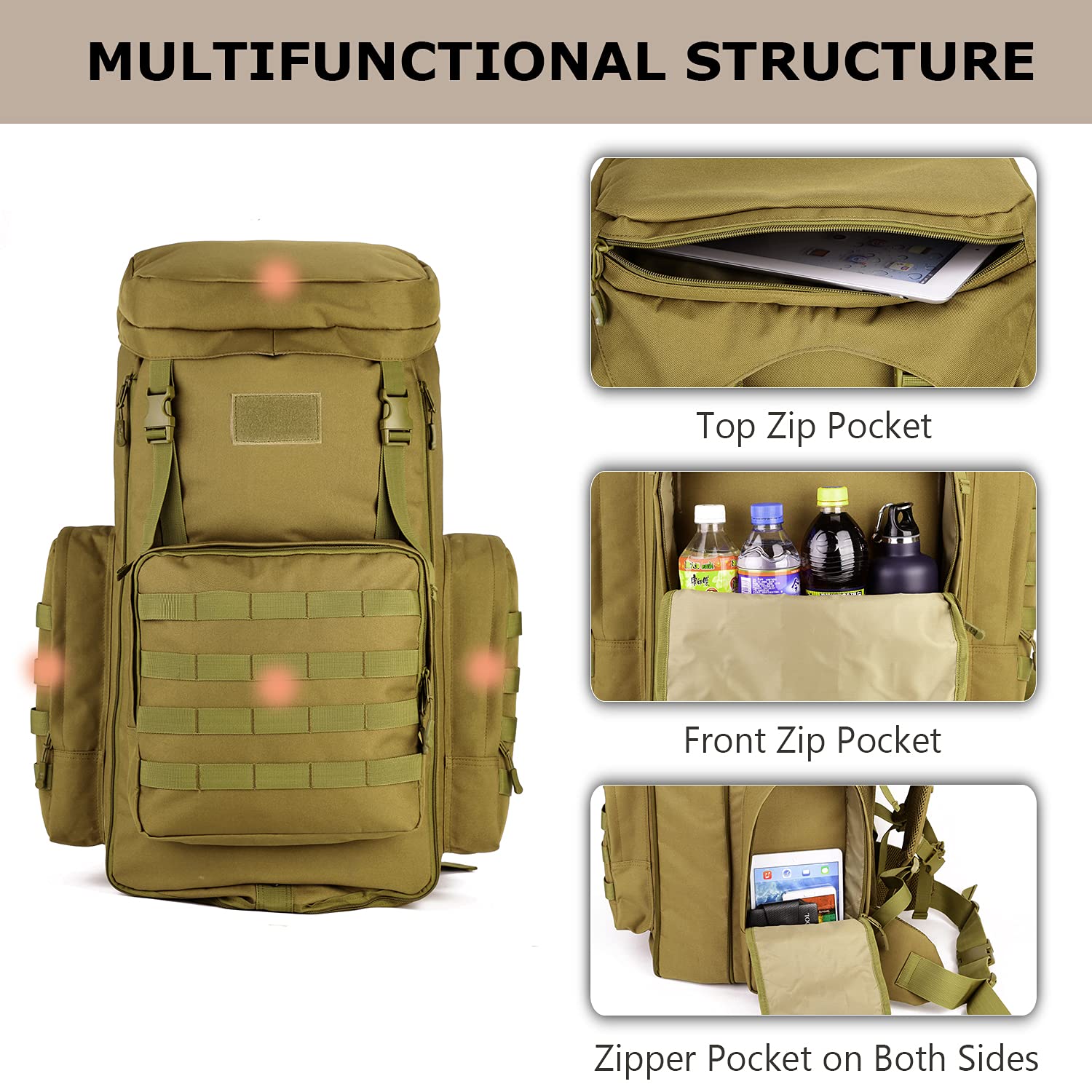 SunForMorning Large Tactical Hiking Daypack 70-85L Military MOLLE Assault Backpack Army Traveling Camping Pack Bug Out Bag Outdoor Rucksack (Rain Cover & 2 Patch Included), Brown