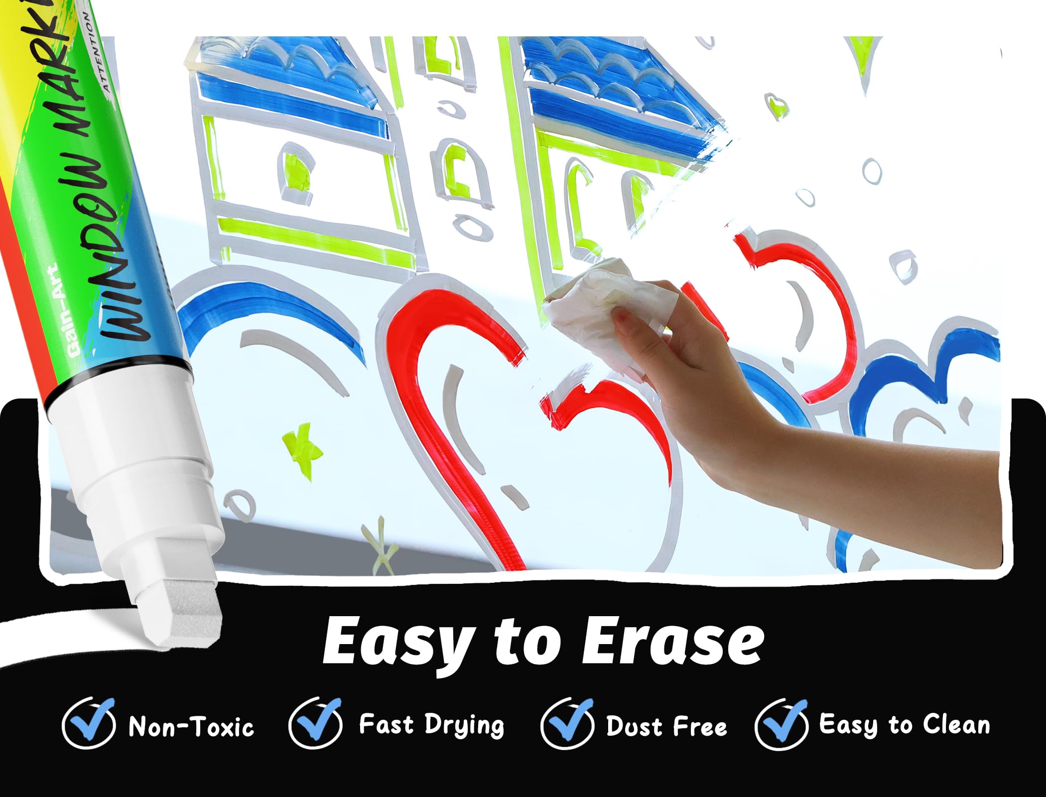 Gain-Art 8 Pack Windows Markers for Car, Glass, 3 in 1 Nib, Washable Liquid Chalk Paint Markers