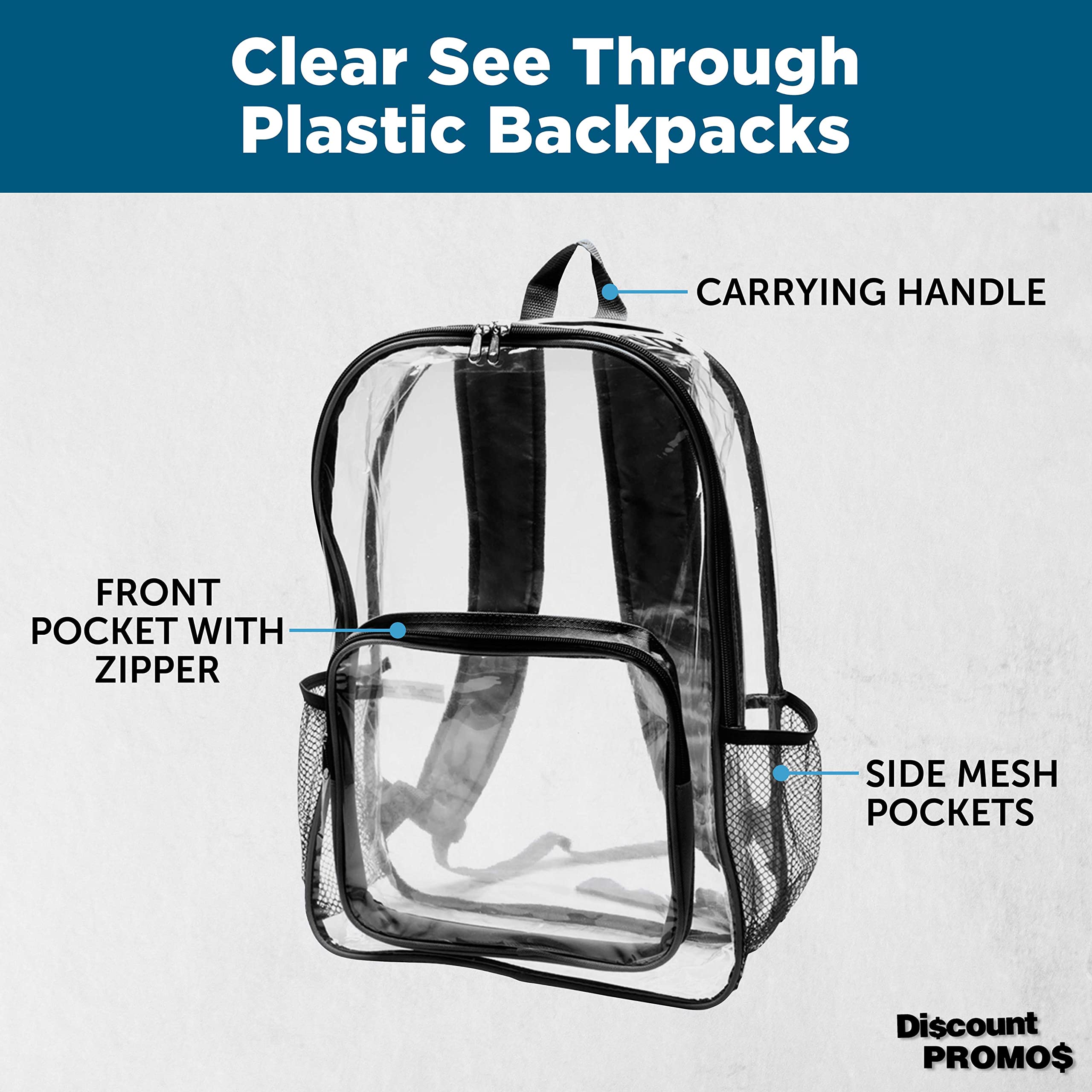 DISCOUNT PROMOS Custom Heavy Duty Clear Plastic Backpacks Set of 24, Personalized Bulk Pack - PVC, Water Resistant, Great for School, Travel - Clear/Black