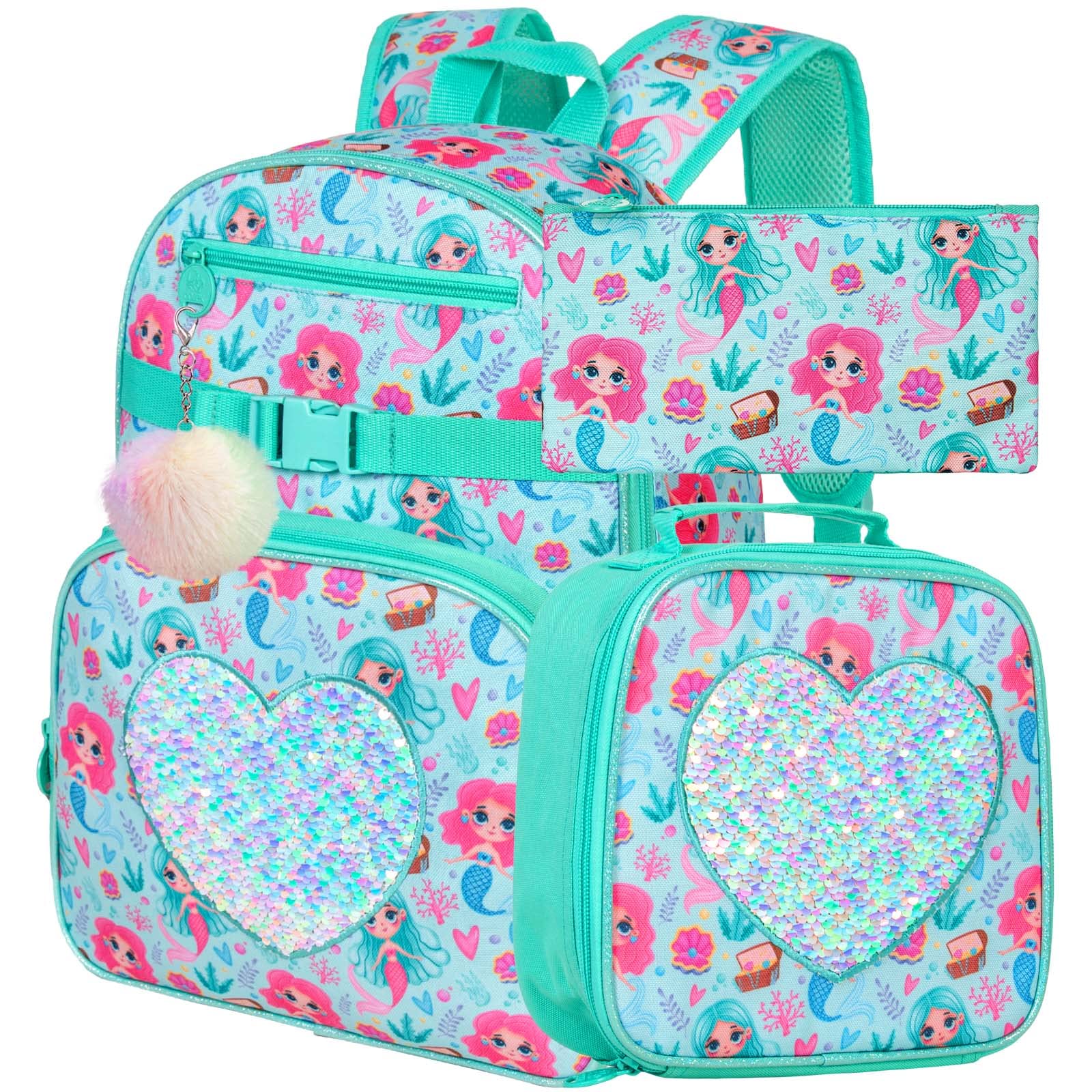 FTJCF 3PCS Backpack for Girls, 16" Cute Sequins Rainbow Kids Bookbag with Lunch Box, Elementary Preschool Kindergarten School Bag Set - Pink.