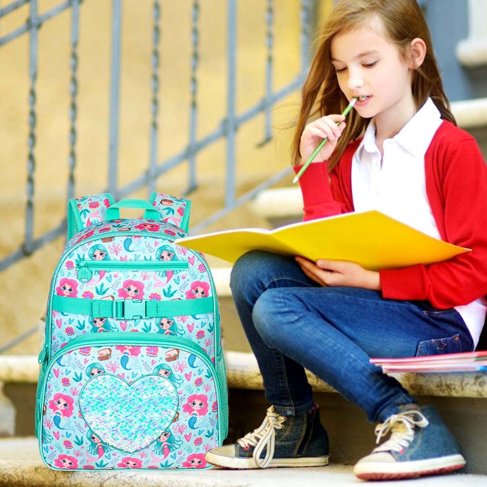 FTJCF 3PCS Backpack for Girls, 16" Cute Sequins Rainbow Kids Bookbag with Lunch Box, Elementary Preschool Kindergarten School Bag Set - Pink.