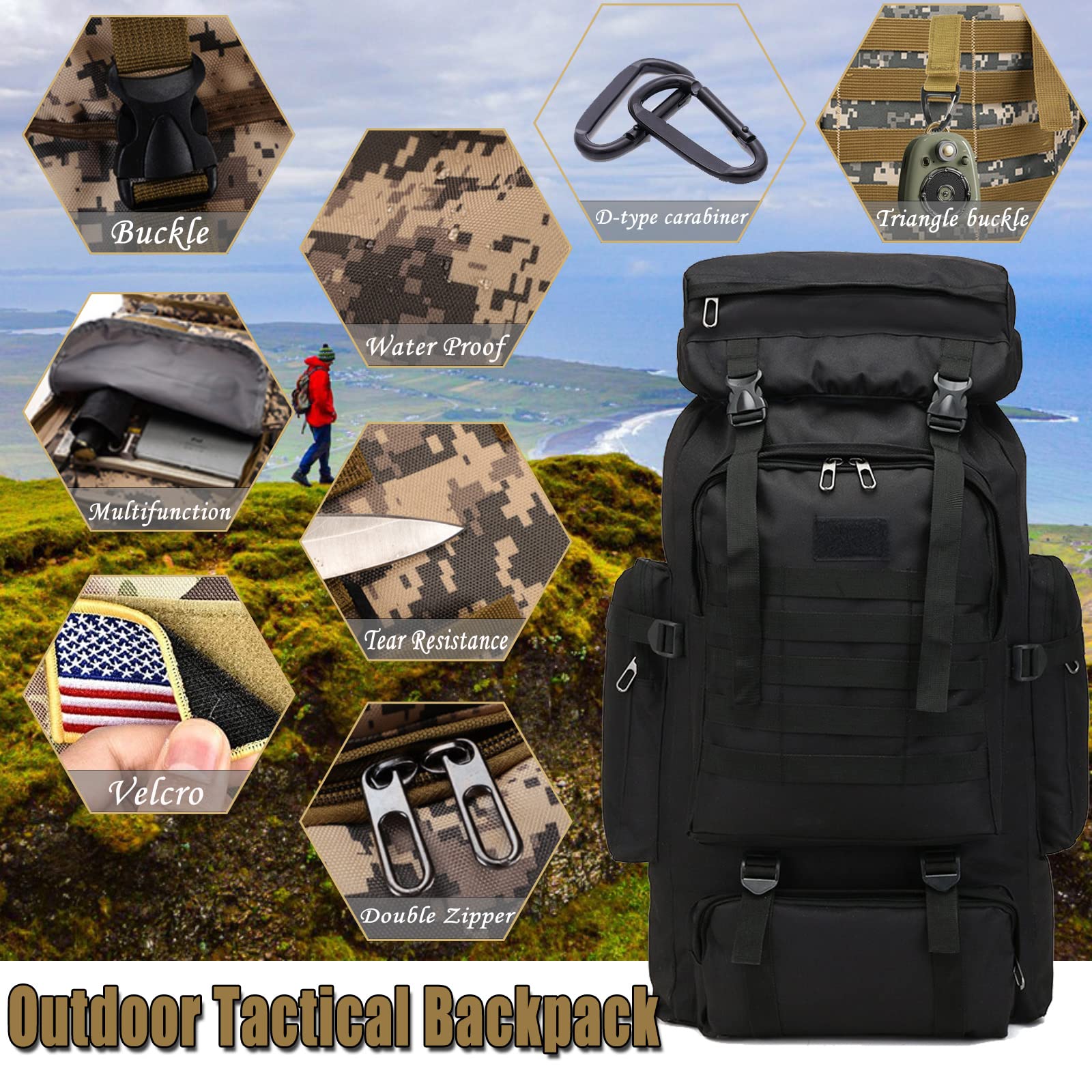 70L Waterproof Hiking Daypack Large Hiking Backpack, Hunting Camping Rucksack Backpack for Men Outdoor Sports Backpack (Desert color(Pocket))