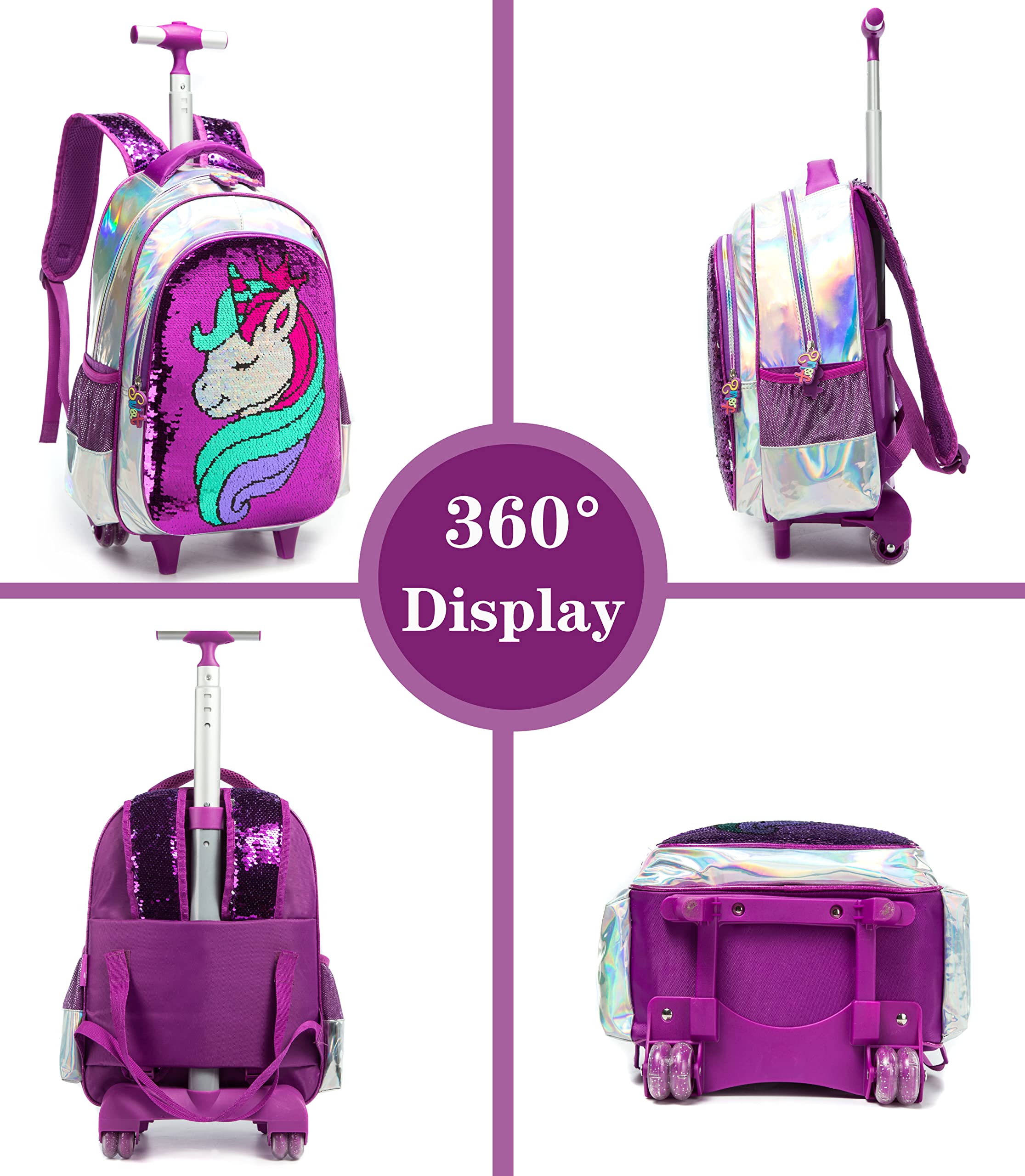 Girls Rolling Backpack Kids Backpacks with Wheels Backpack for Girls for School with Lunch Box Unicorn Reversible Sequin School Bags