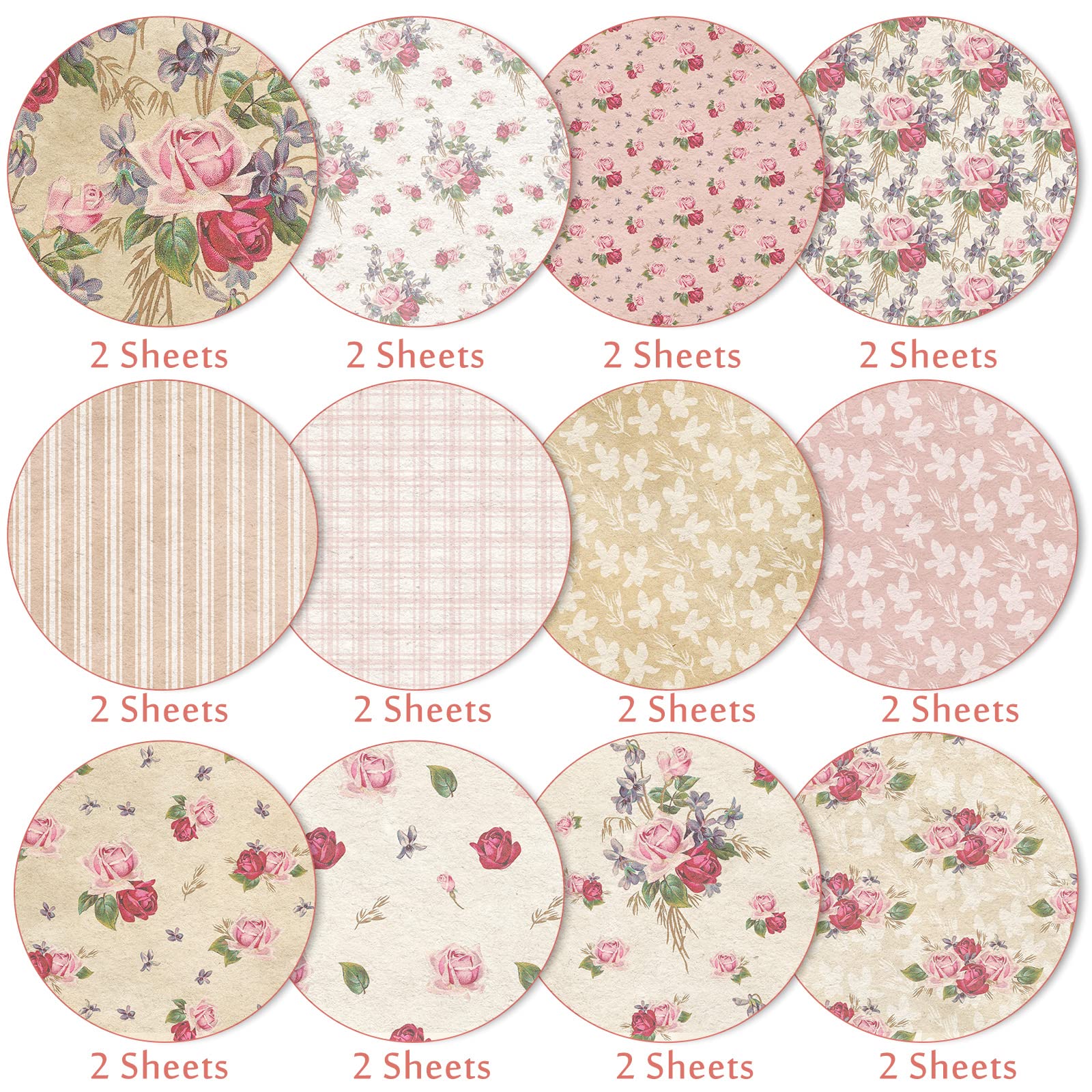 Whaline 12 Designs Spring Pattern Paper Pack 24 Sheet Rose Floral Scrapbook Specialty Paper Pink Double-Sided Collection Decorative Craft Paper for Card Making Scrapbook Photo Album Decor, 30 x 30cm