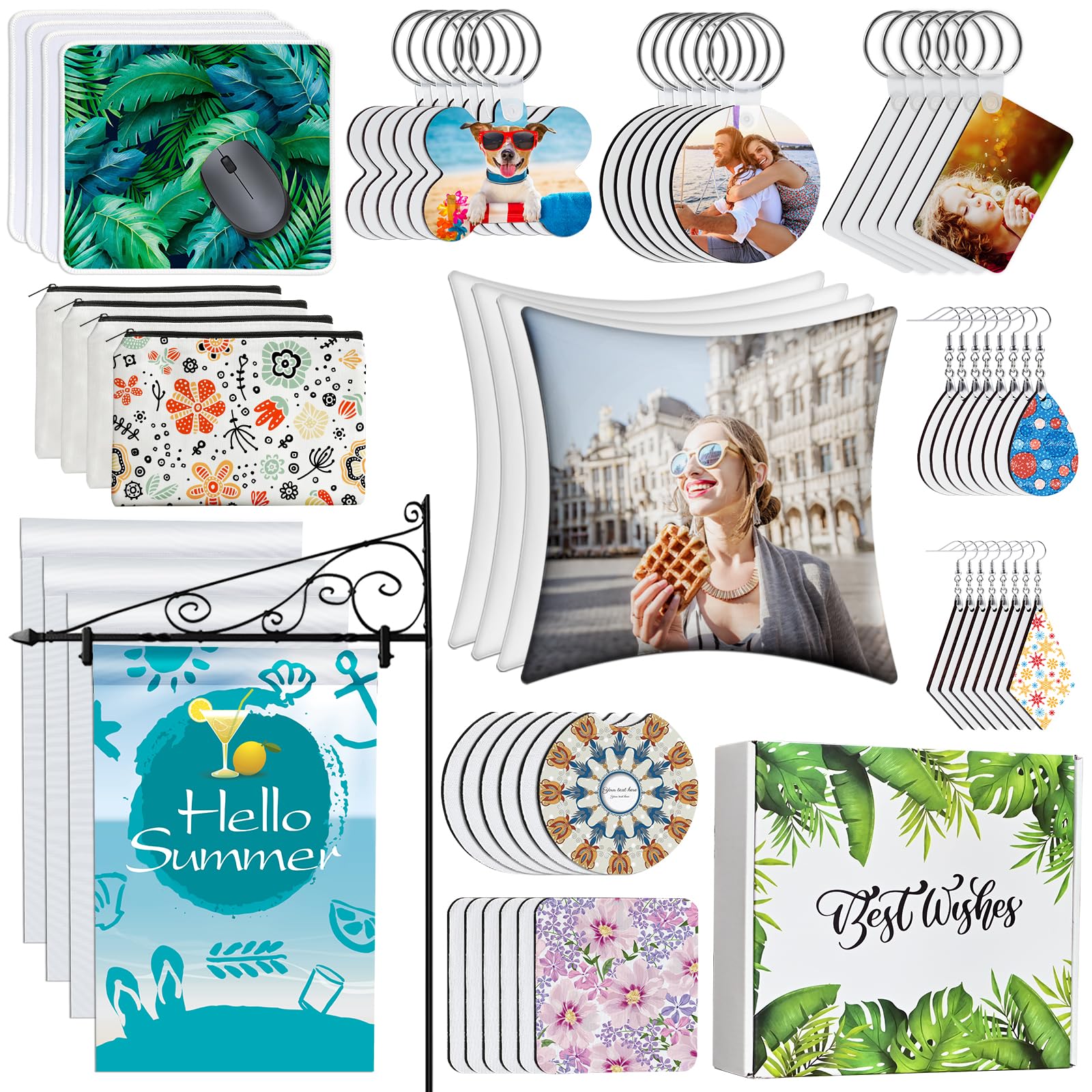 114Pcs Sublimation Blanks Products, Sublimation Blanks Set Including DIY Blank Makeup Bag, Keychain, Earring, Pillow Cover, Mouse Pad, Coaster, Garden Flag for Sublimation Transfer Heat Press Printing