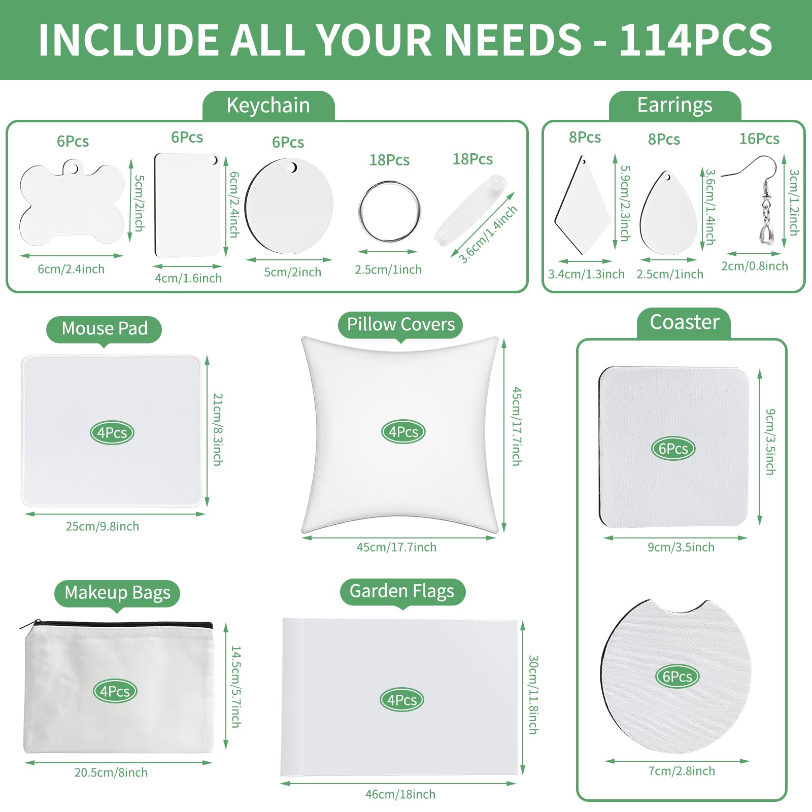 114Pcs Sublimation Blanks Products, Sublimation Blanks Set Including DIY Blank Makeup Bag, Keychain, Earring, Pillow Cover, Mouse Pad, Coaster, Garden Flag for Sublimation Transfer Heat Press Printing