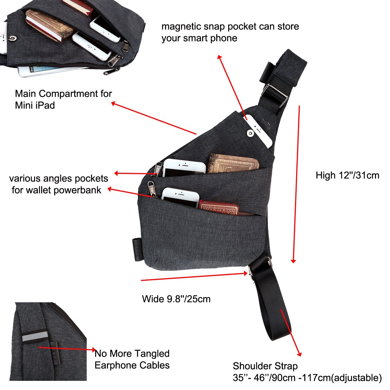 FALETO Anti-Thief Sling Bag Chest Hidden Security Crossbody Shoulder Backpack