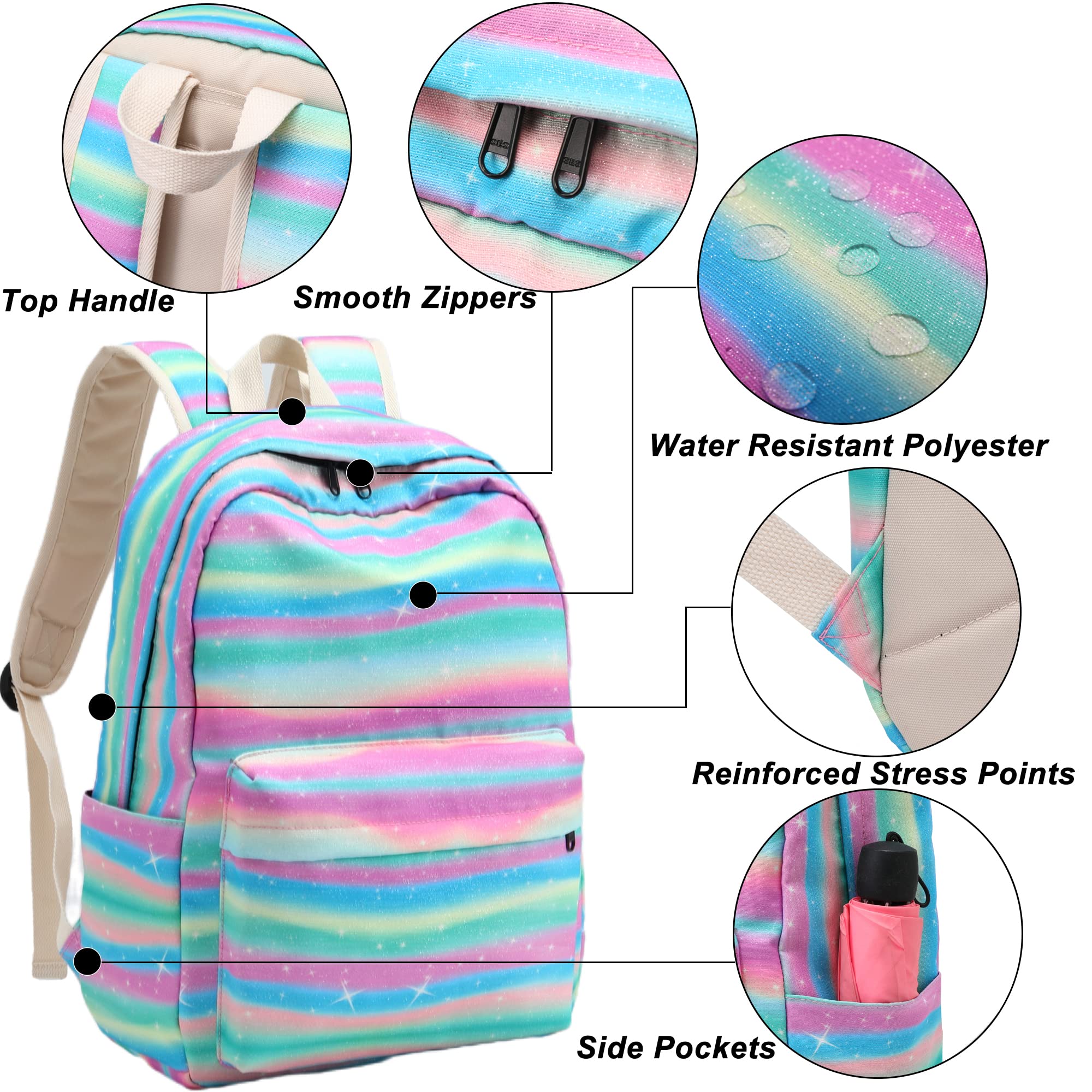 Joyfulife Girls Backpack with Lunch Box Kids School Backpack Bookbags Primary Elementary Student Backpack for Girls Set Rainbow