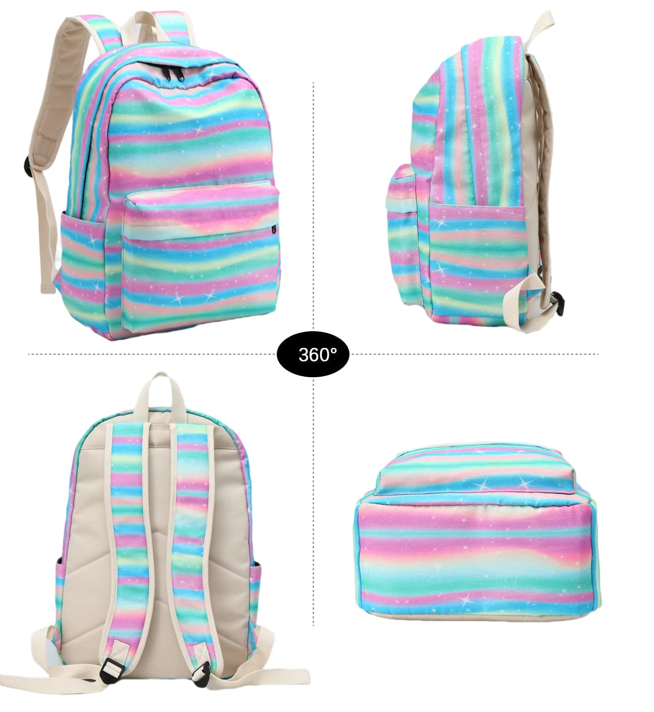 Joyfulife Girls Backpack with Lunch Box Kids School Backpack Bookbags Primary Elementary Student Backpack for Girls Set Rainbow