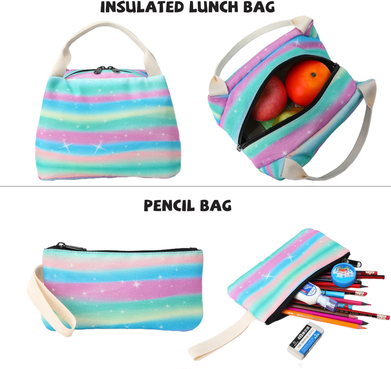 Joyfulife Girls Backpack with Lunch Box Kids School Backpack Bookbags Primary Elementary Student Backpack for Girls Set Rainbow