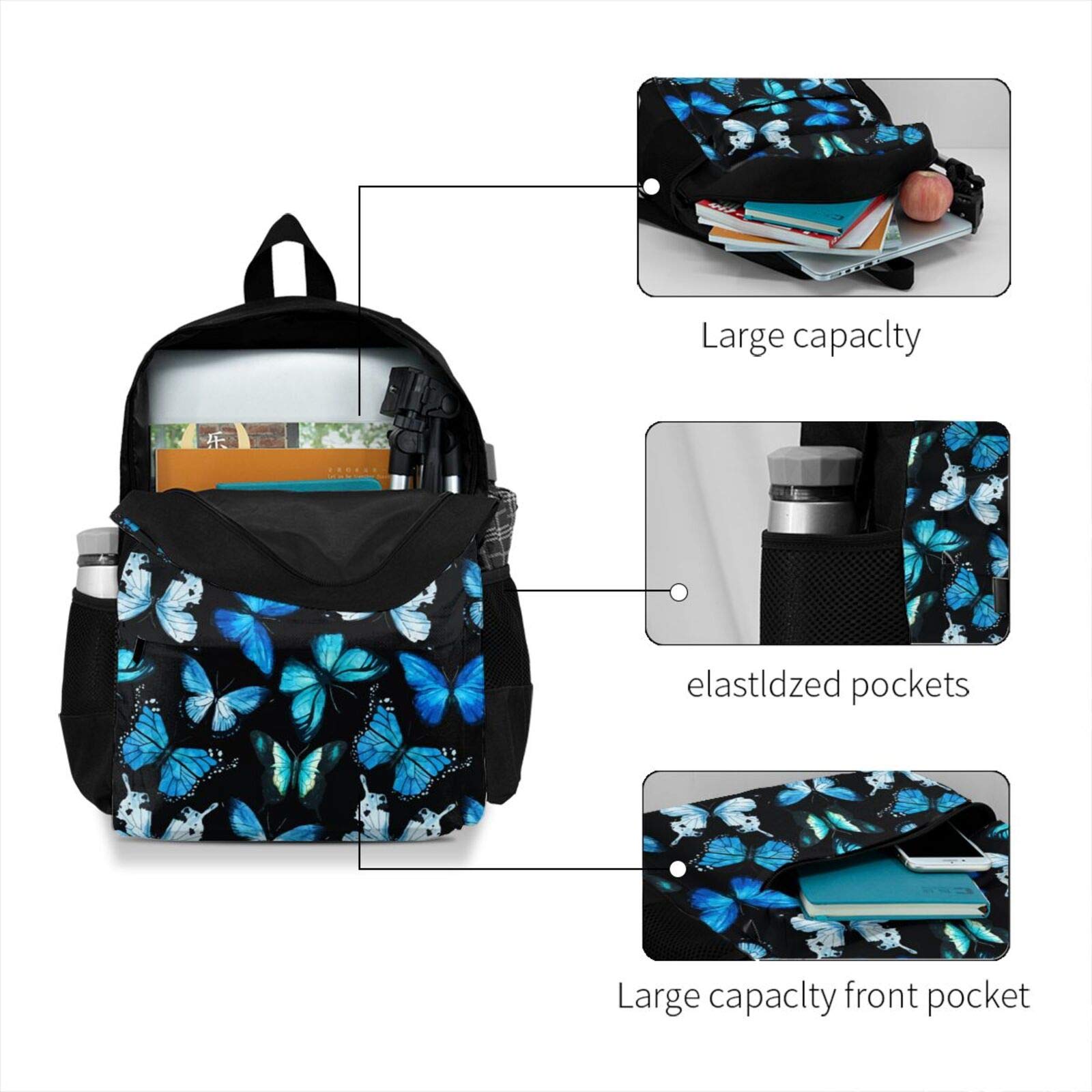 JASMODER Blue Watercolor Butterfly Y2K laptop Pack Travel School College Backpack For Teen Boys Girls