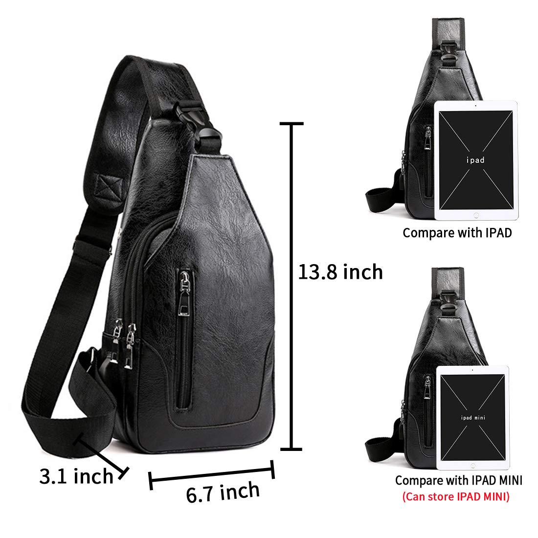 Seoky Rop Men Sling Bag Anti Theft Shoulder Bag Small Leather Crossbody Sling Backpack with USB Charge Port Black